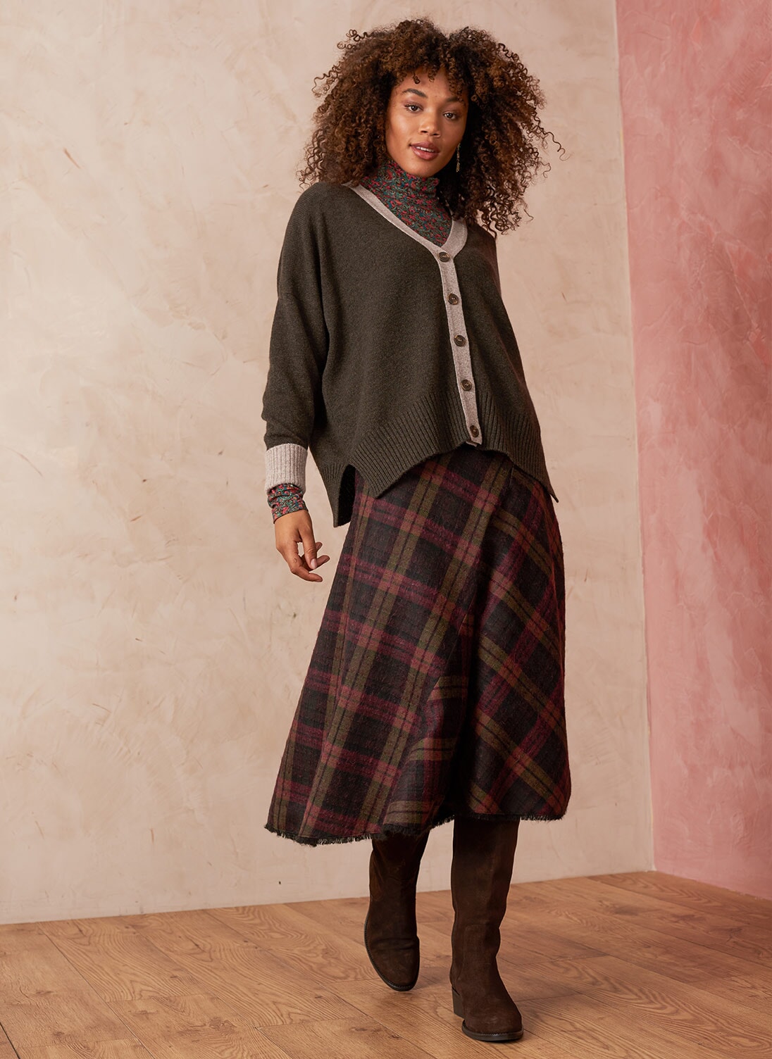 Carbon & Claret Scottish Mohair Wool Checked Skirt | Midi & Maxi | Brora