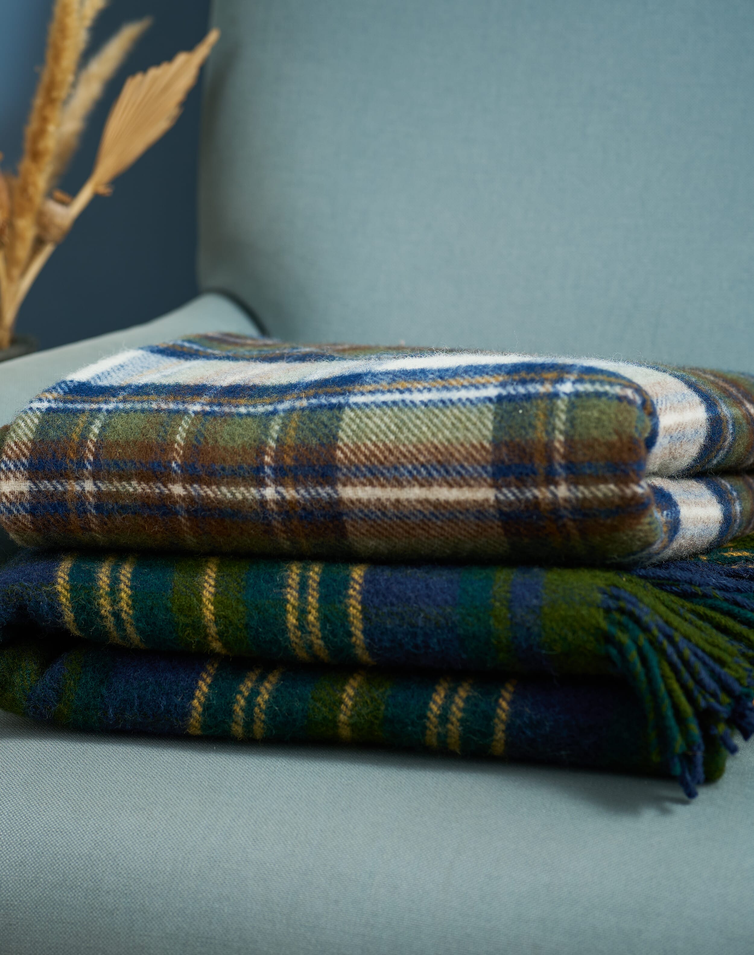 Navy & Green Wool Checked Rug | Accessories | Brora Sale