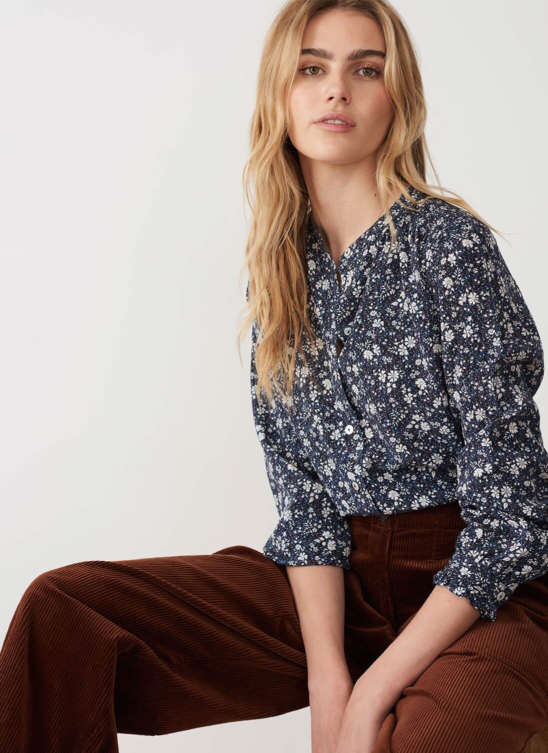 Aubergine Floral Liberty Print Silk Smocked Shirt | Brora