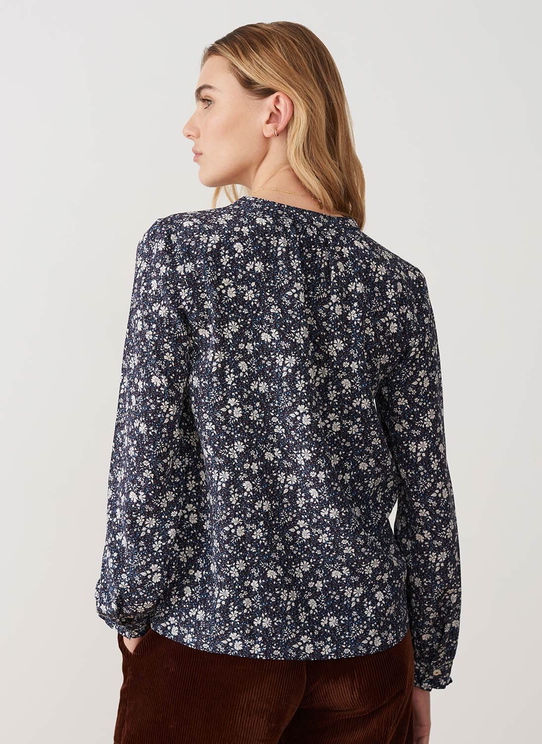 Aubergine Floral Liberty Print Silk Smocked Shirt | Brora