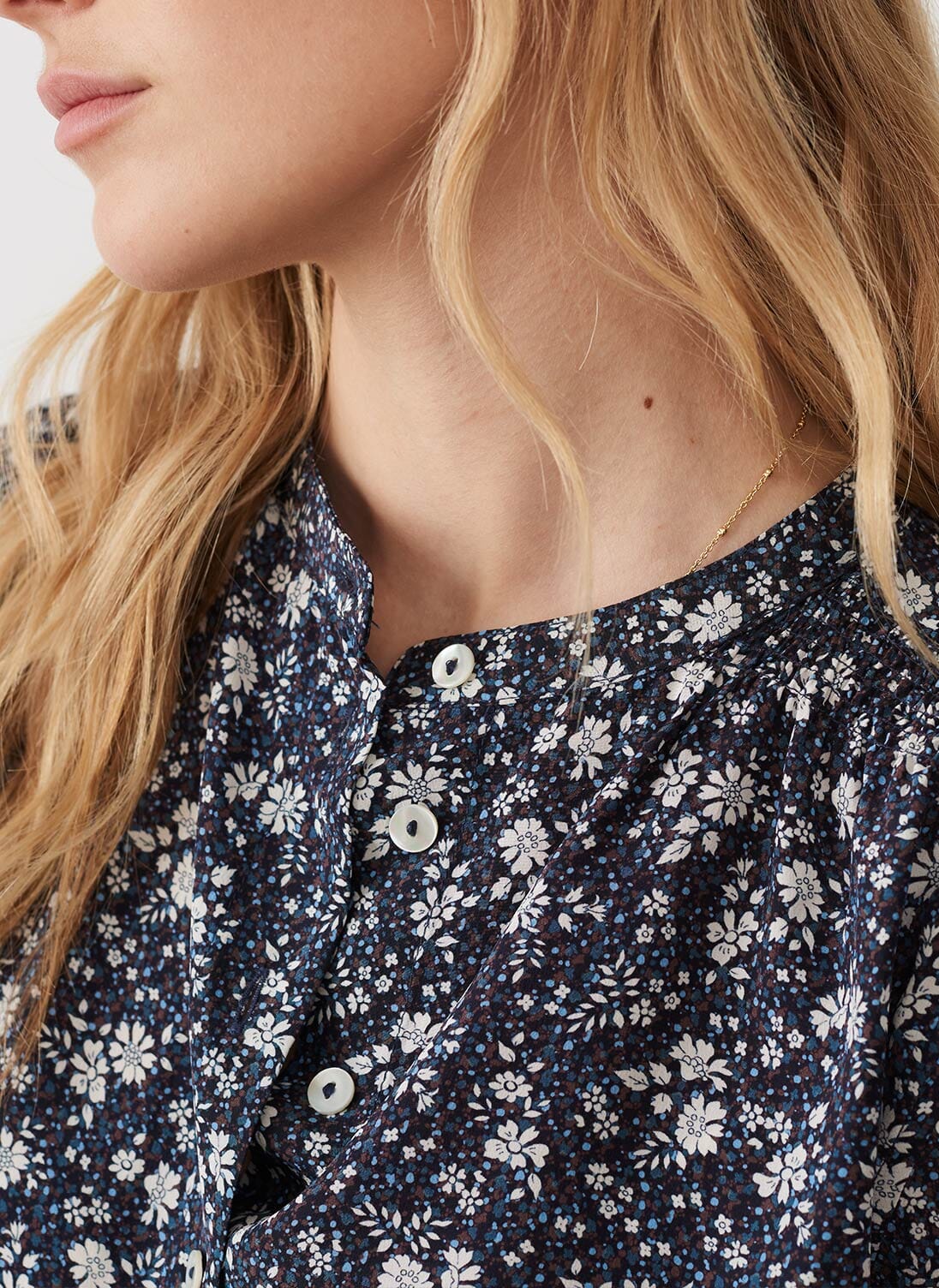 Aubergine Floral Liberty Print Silk Smocked Shirt | Brora