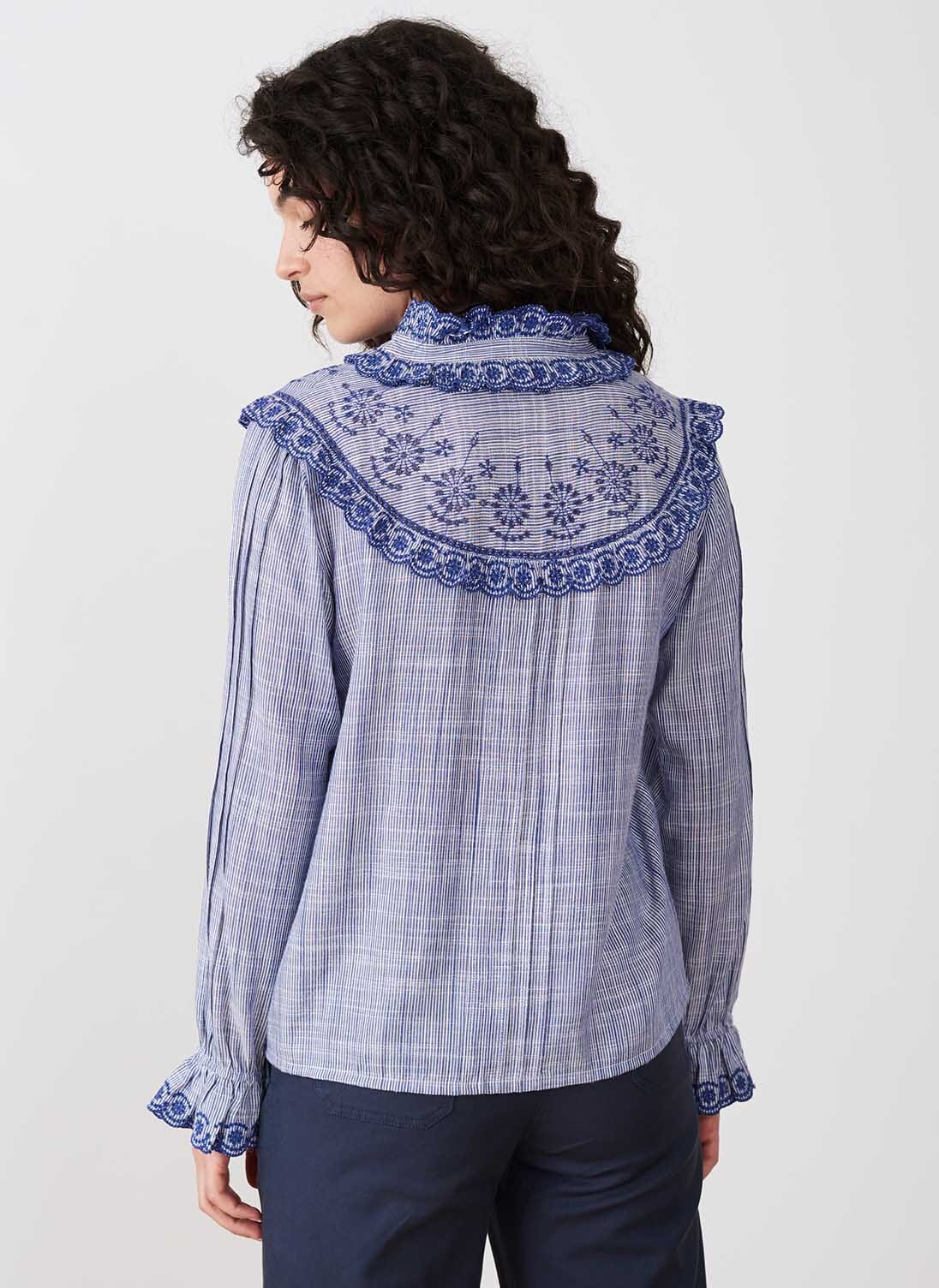 Cobalt Fine Stripe Ruffle Blouse | Women's Shirts | Brora