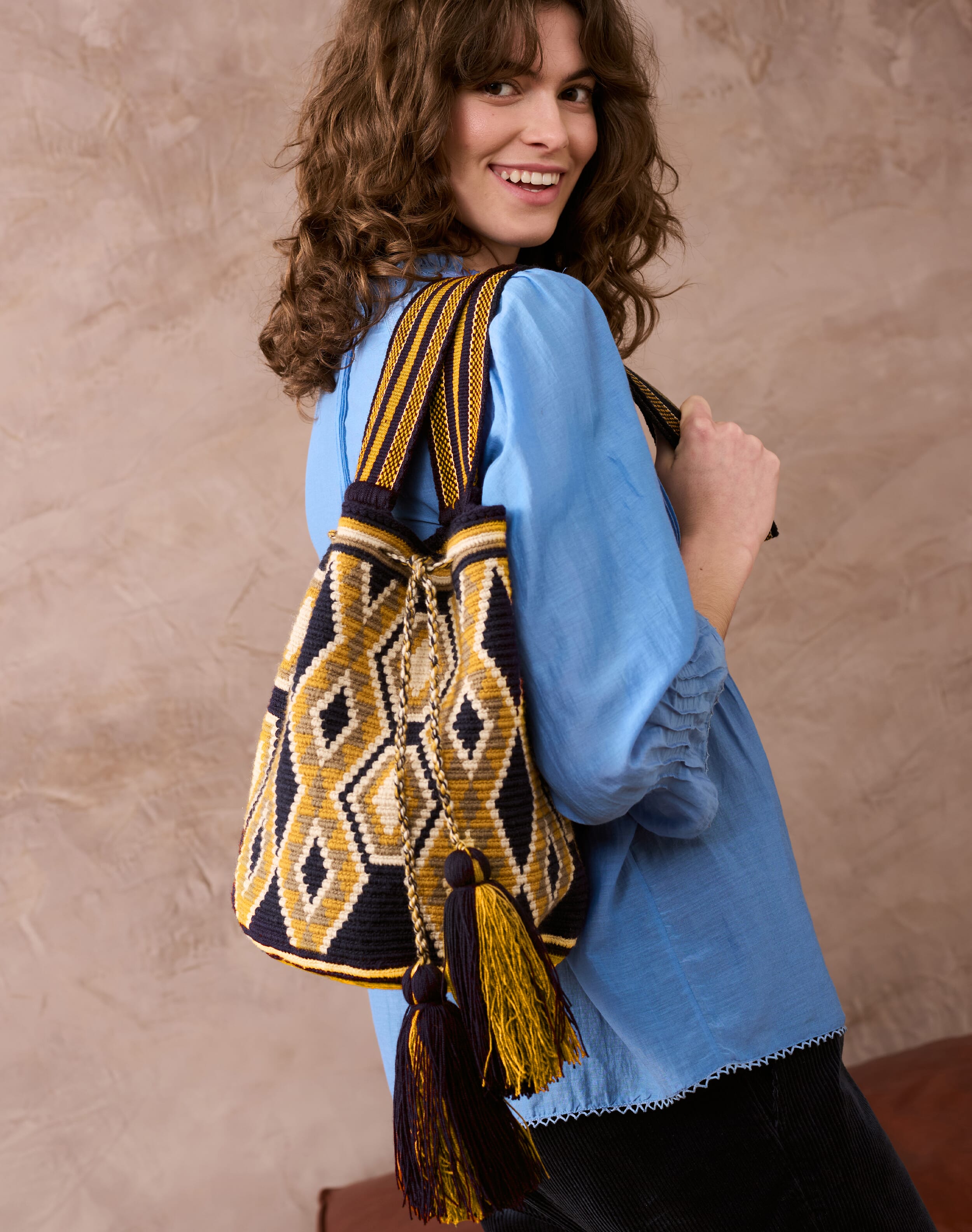 Navy Hand Woven Folk Tassel Bag | Accessories | Brora Fashion