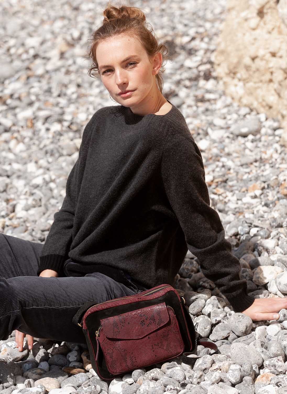 Oxblood & Black Textured Leather & Suede Bag | Brora
