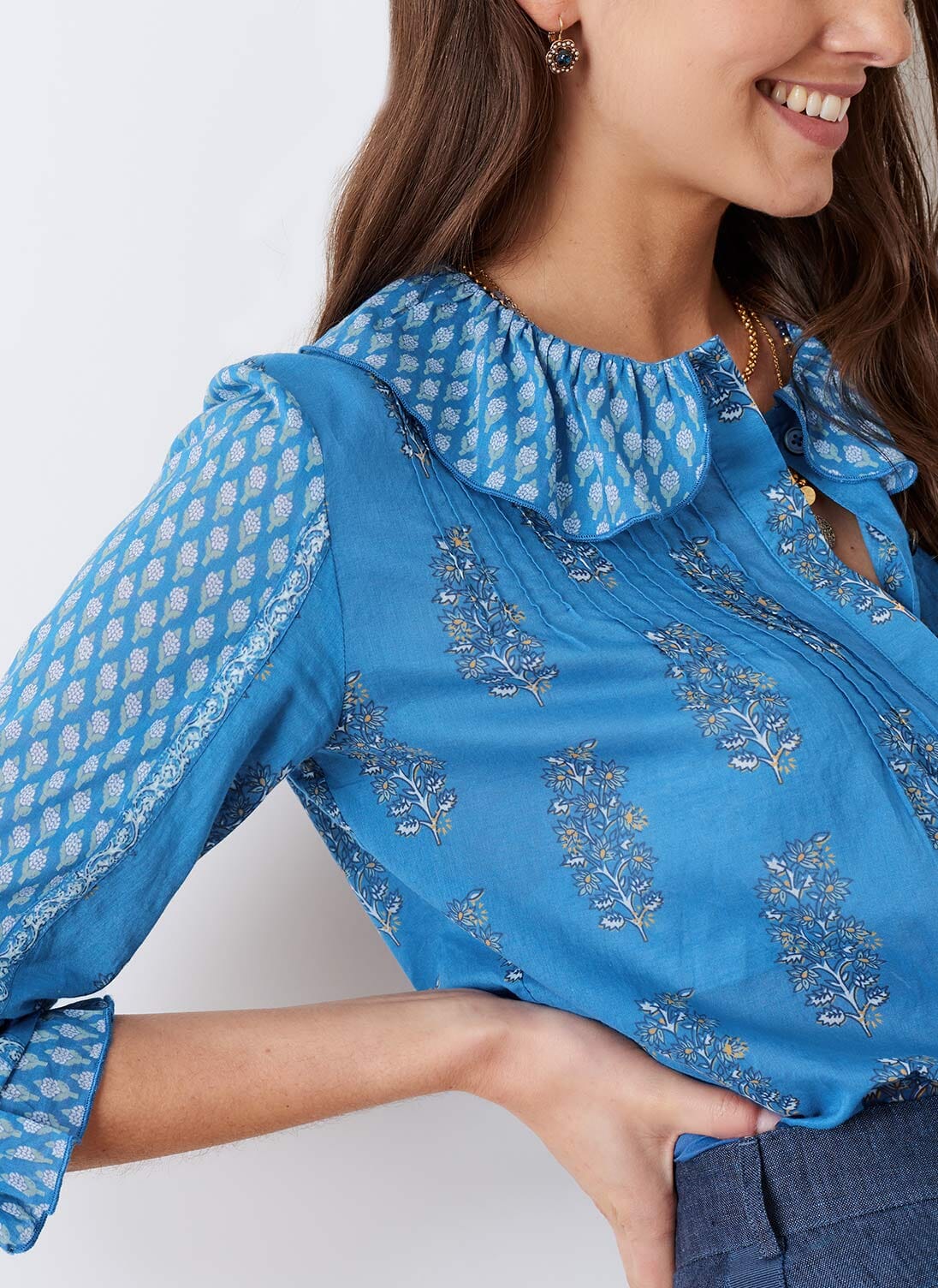 Chambray Cotton Voile Patchwork Blouse | Women's Blouses | Brora