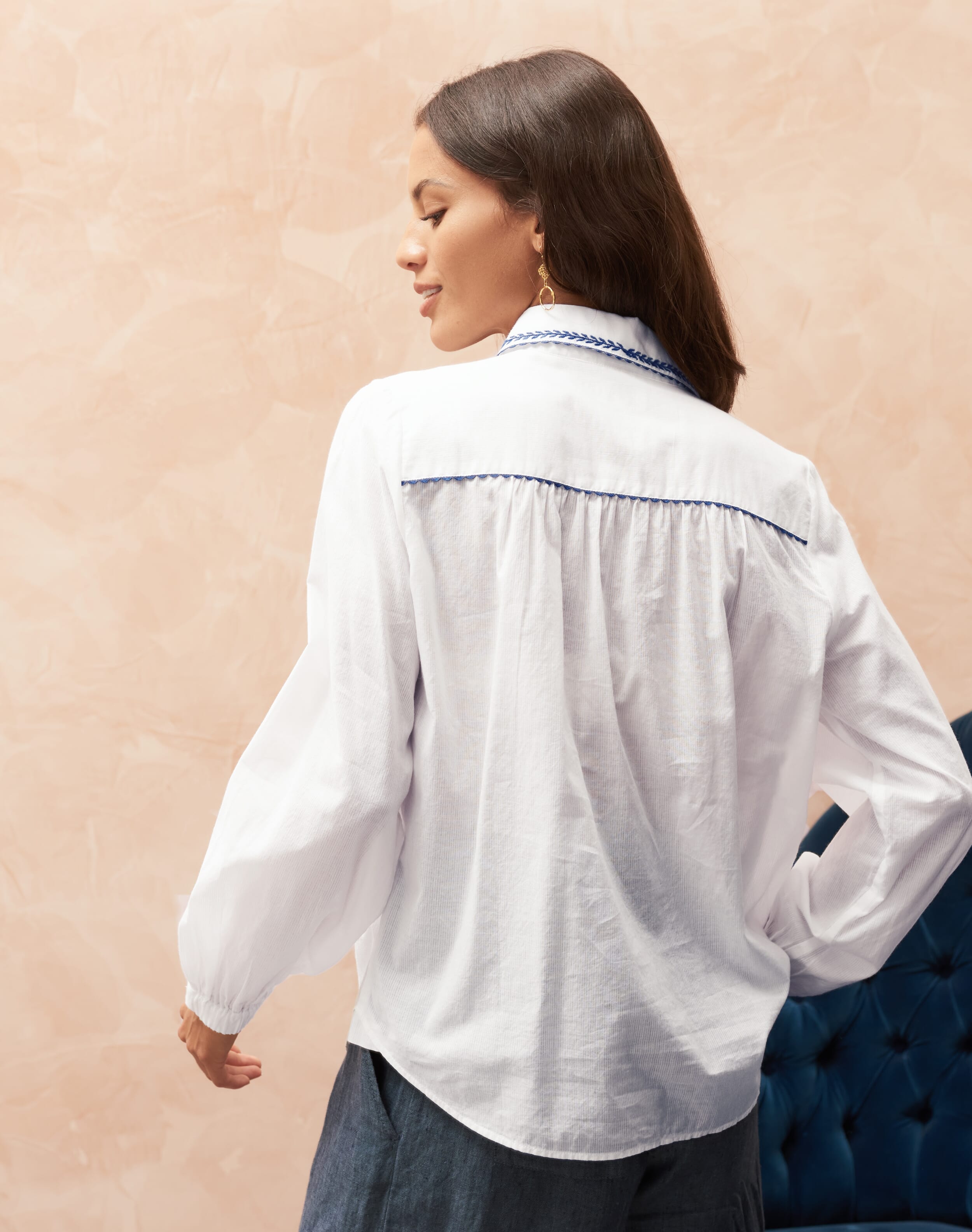 Organic Cotton Ric Rac Shirt in White & Cobalt | Blouses | Brora