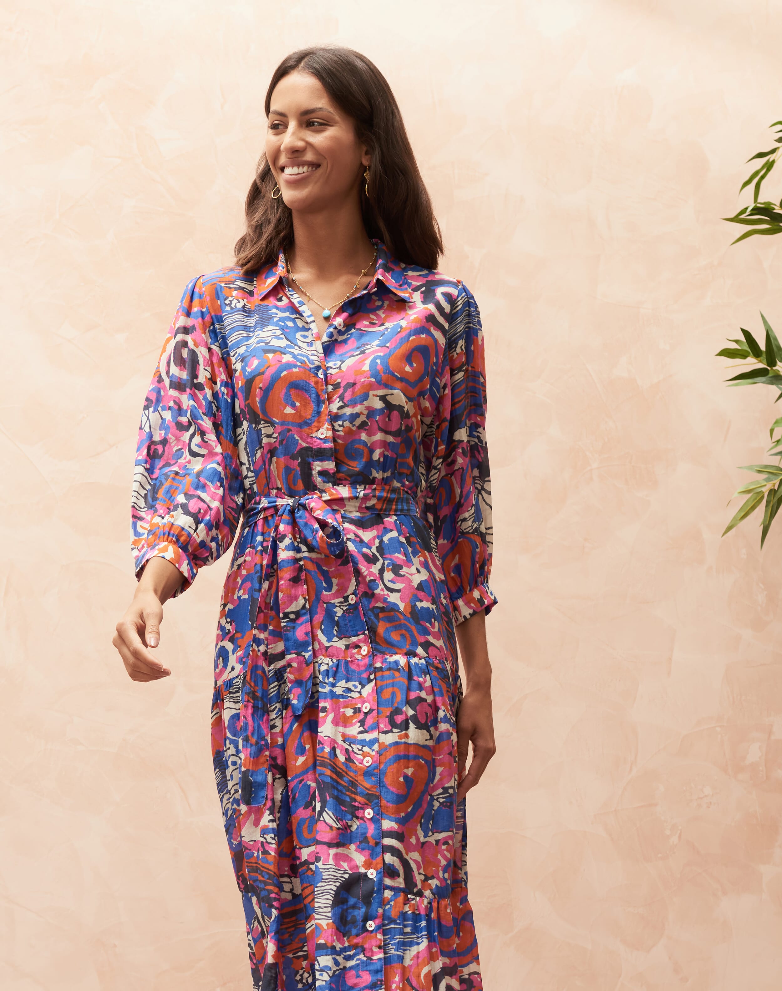 Silk Cotton Waterfall Print Dress in Fuchsia & cobalt | Brora
