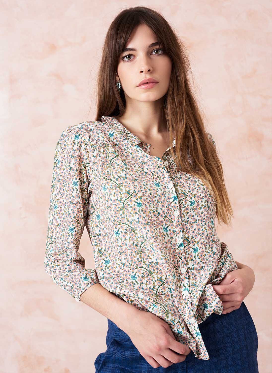 Verdigris Sprig Liberty Print Silk Peter Pan Blouse | Women's Blouses ...