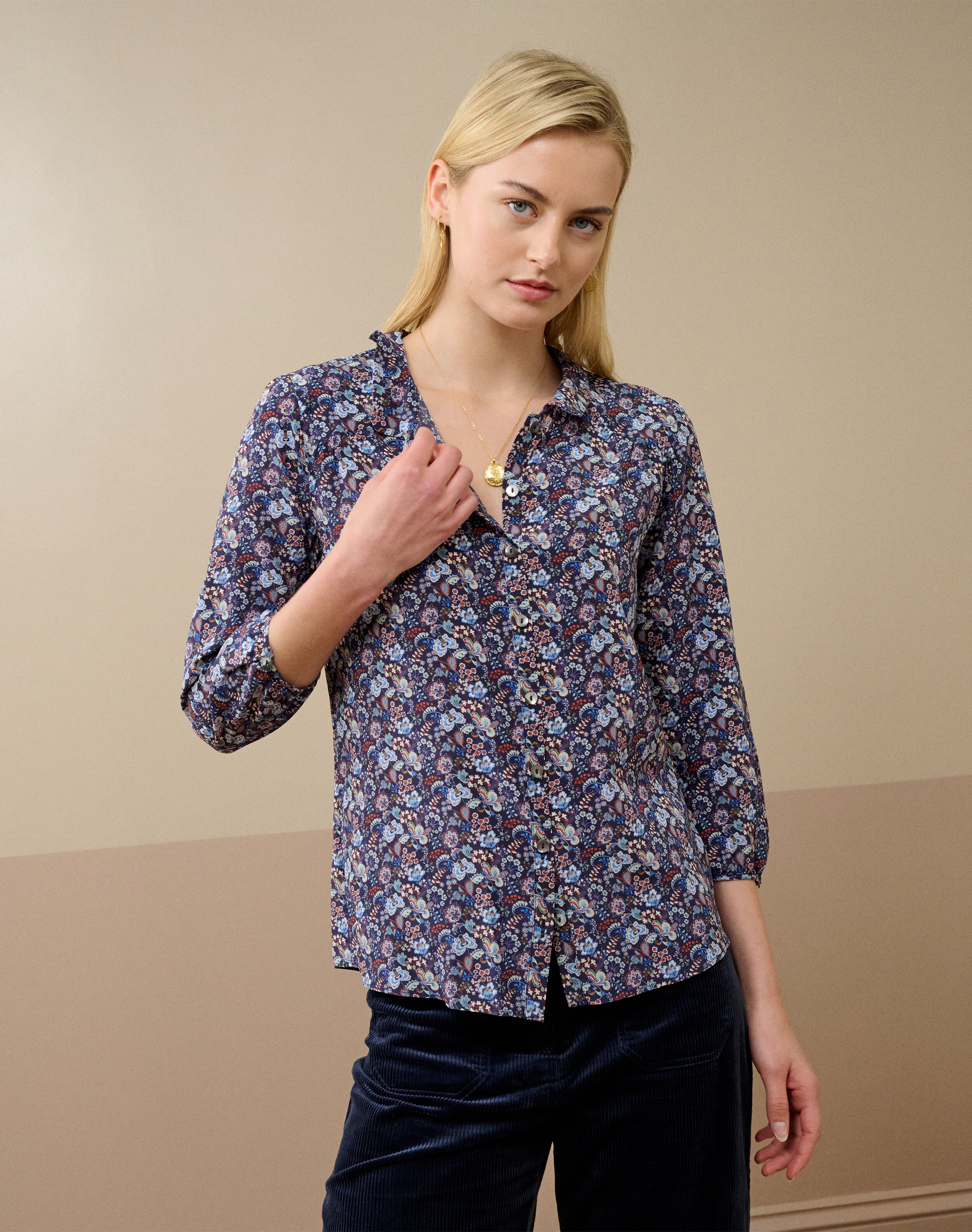 Liberty Print Silk Peter Pan Blouse in Sky Botanic | Clearance