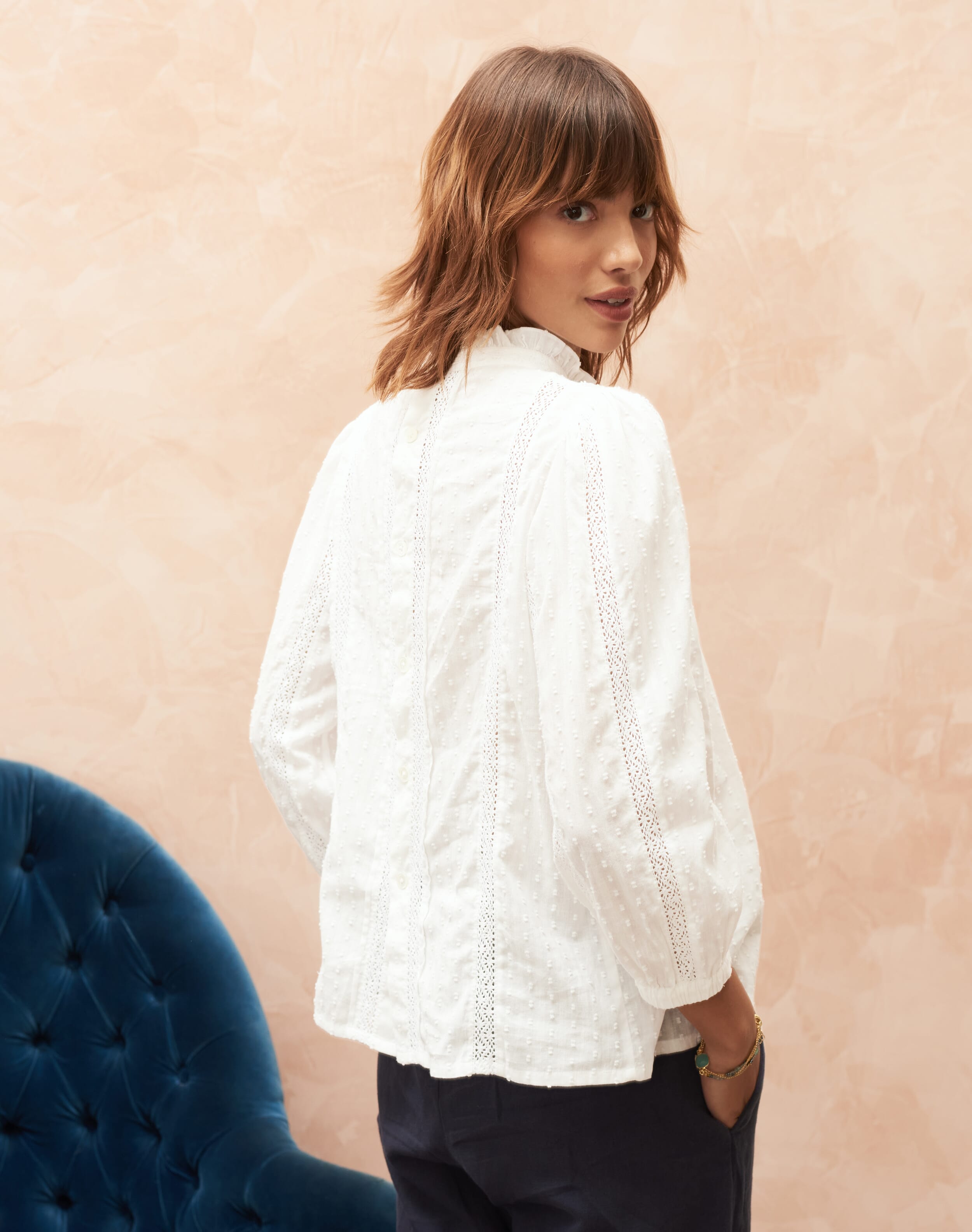Organic Cotton High Neck Pin Tuck Blouse in White | Brora