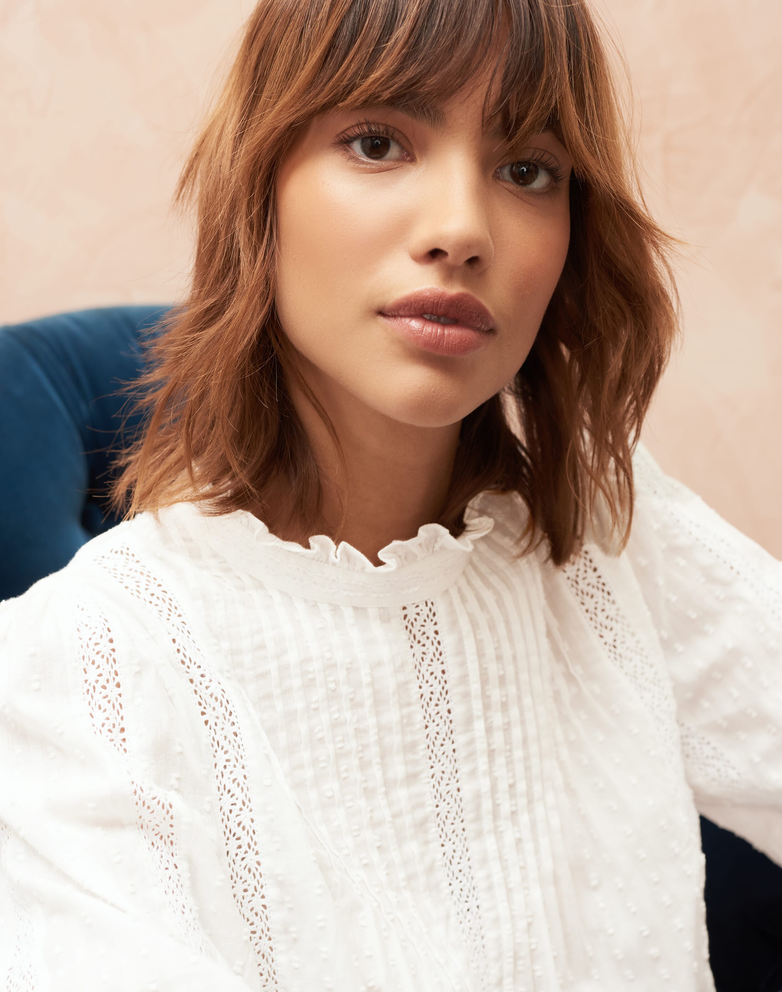 Organic Cotton High Neck Pin Tuck Blouse in White | Brora