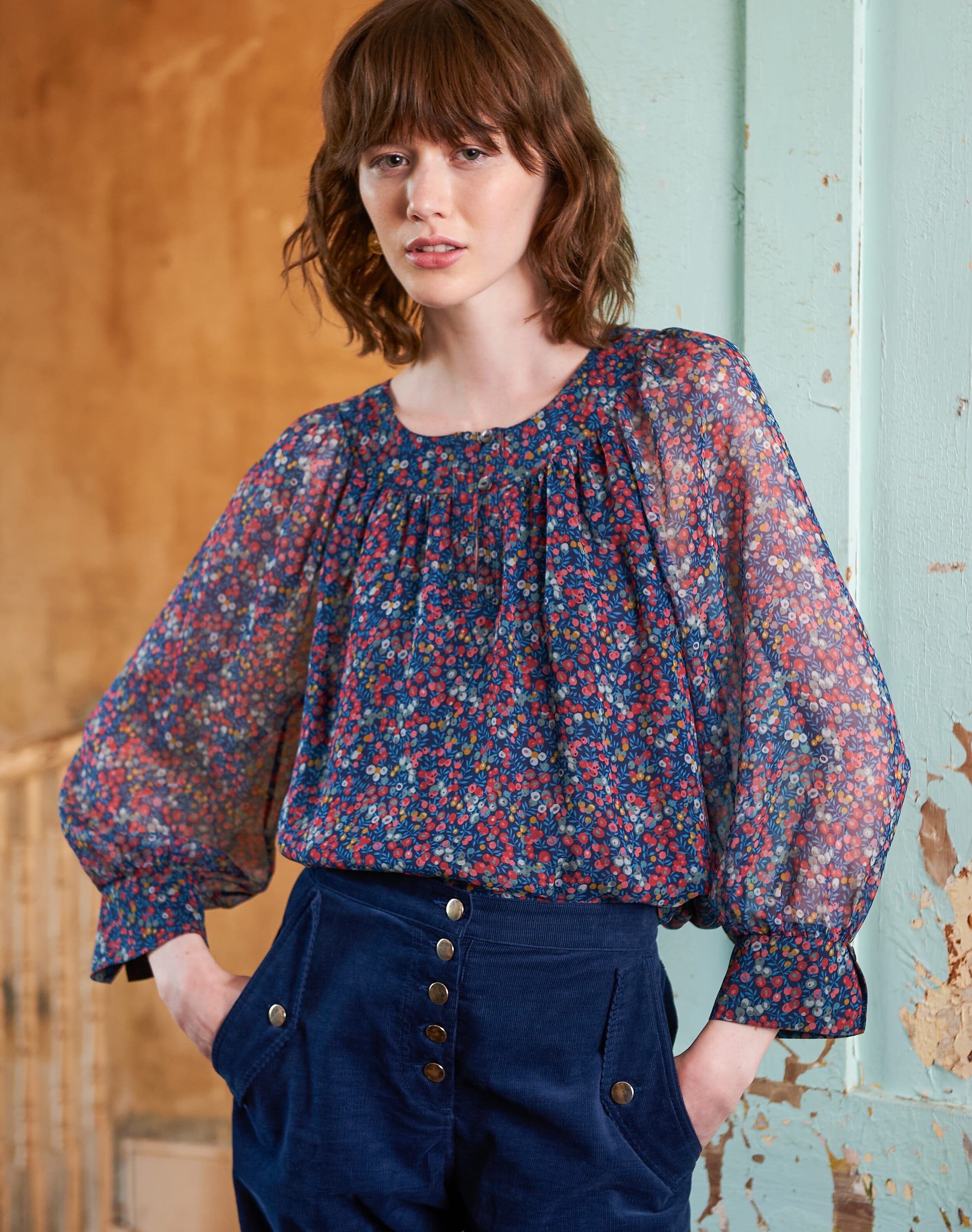 Liberty Print Silk Chiffon Blouse in Pomegranate Berry | Brora