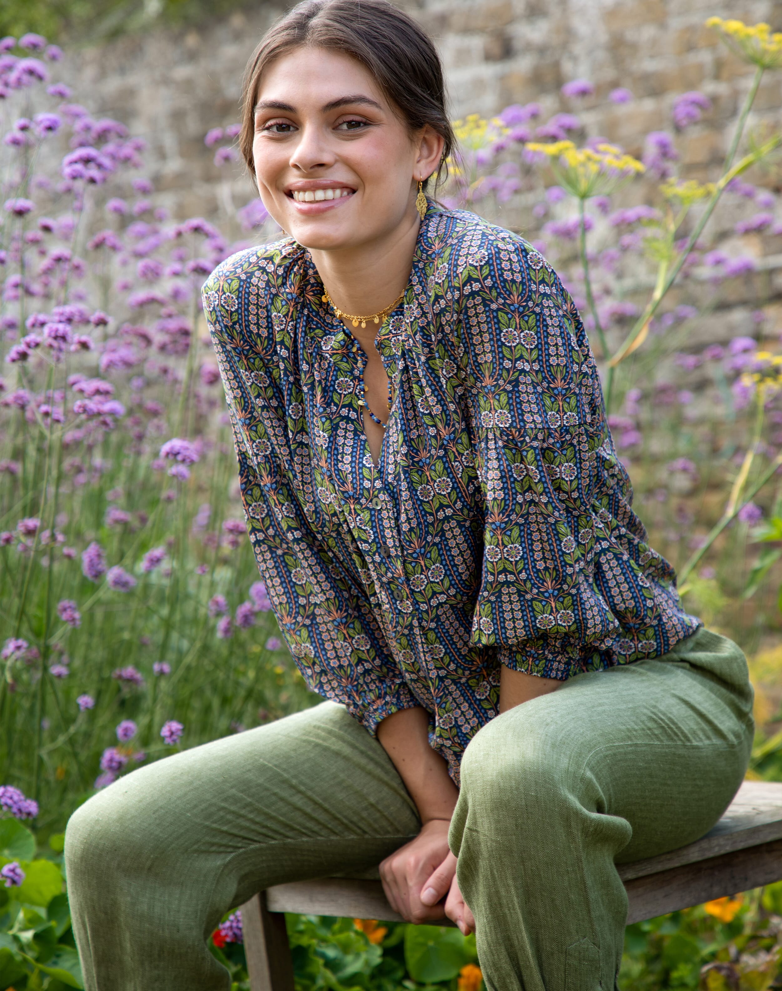 Liberty Print Silk Smocked Shirt in Olive Meadow | Blouses | Brora