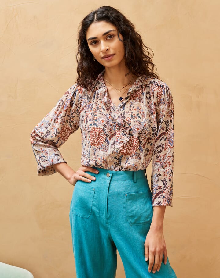 Neutral Silk Ruffle Blouse | Women's Blouses | Brora Fashion