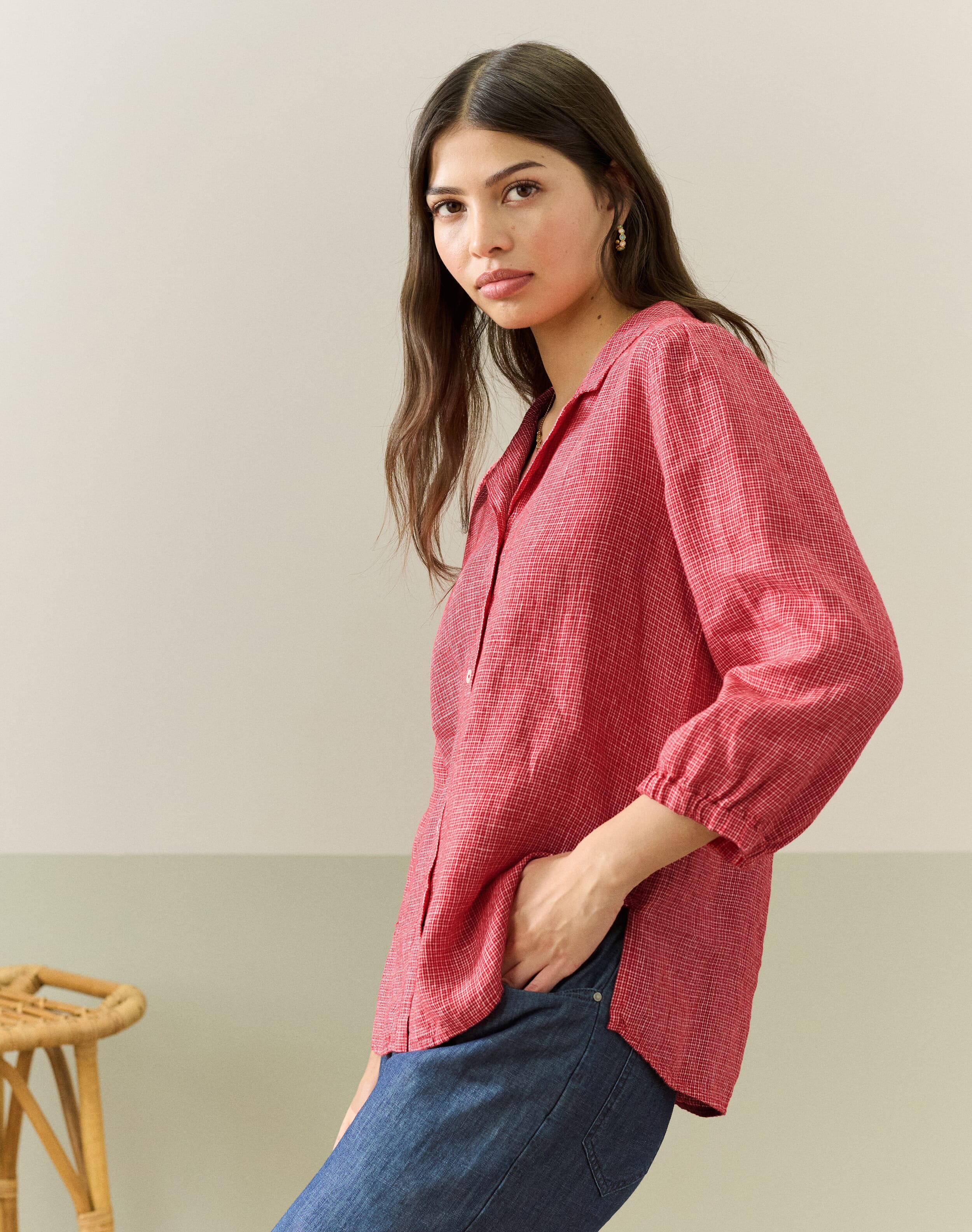 Graphic Check Linen Shirt in Crimson | Women's Shirts | Brora