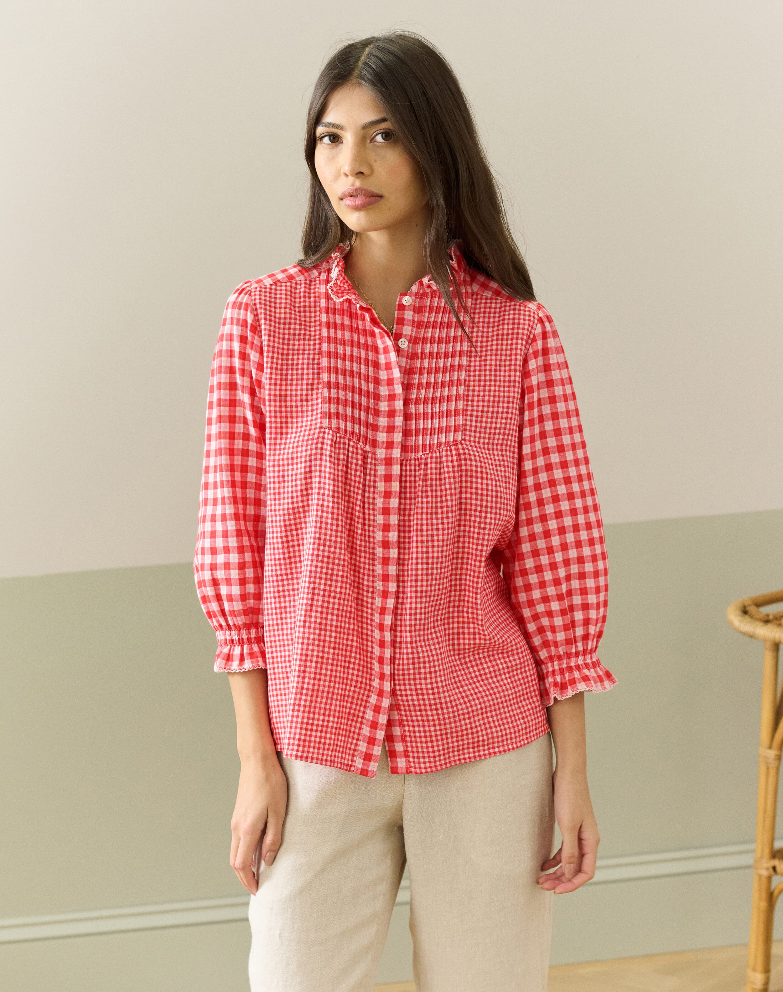 Cotton Gingham Patchwork Blouse in Marigold | Women's | Brora