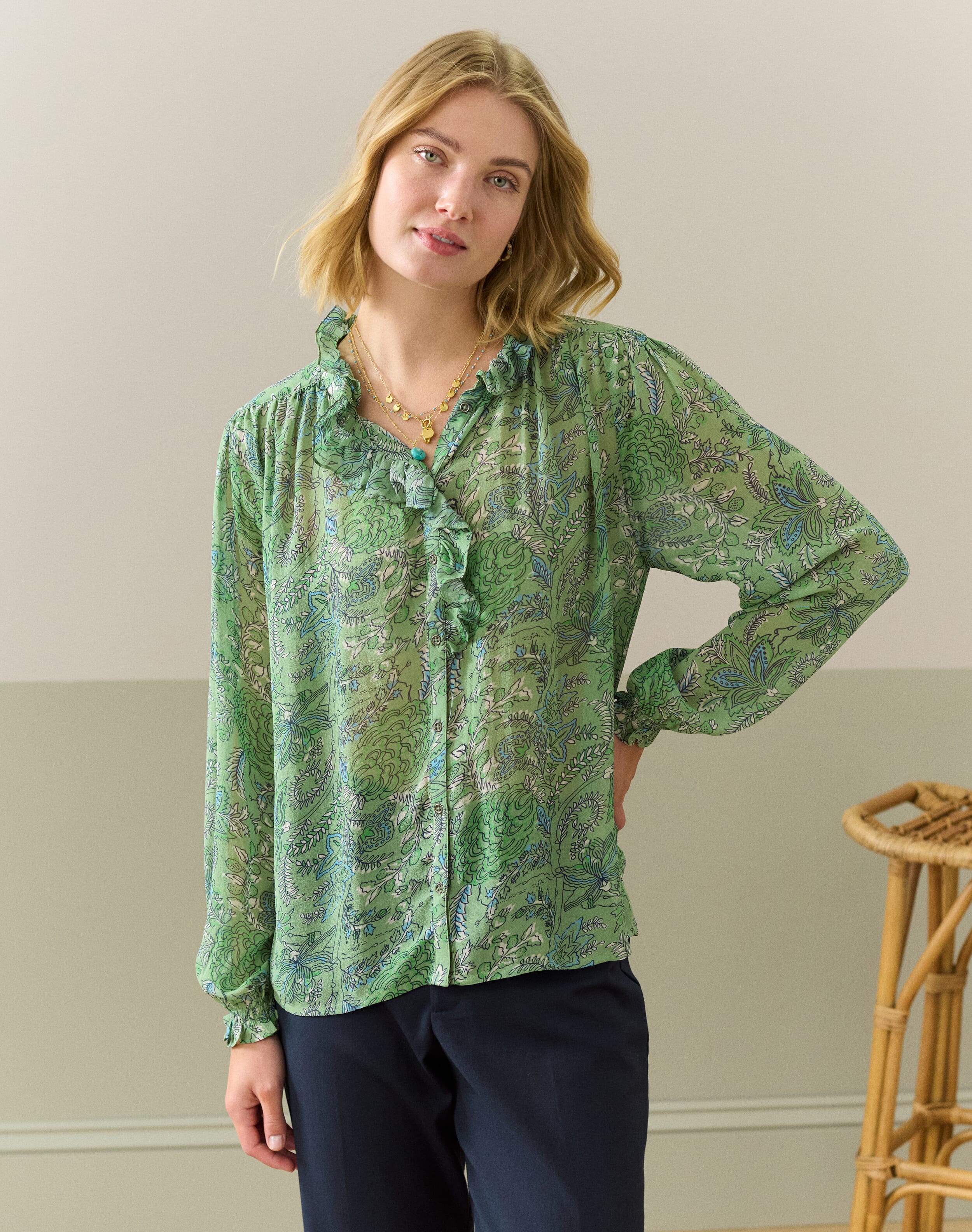 Silk Frill Front Blouse in Thyme | Womens' Shirts | Brora