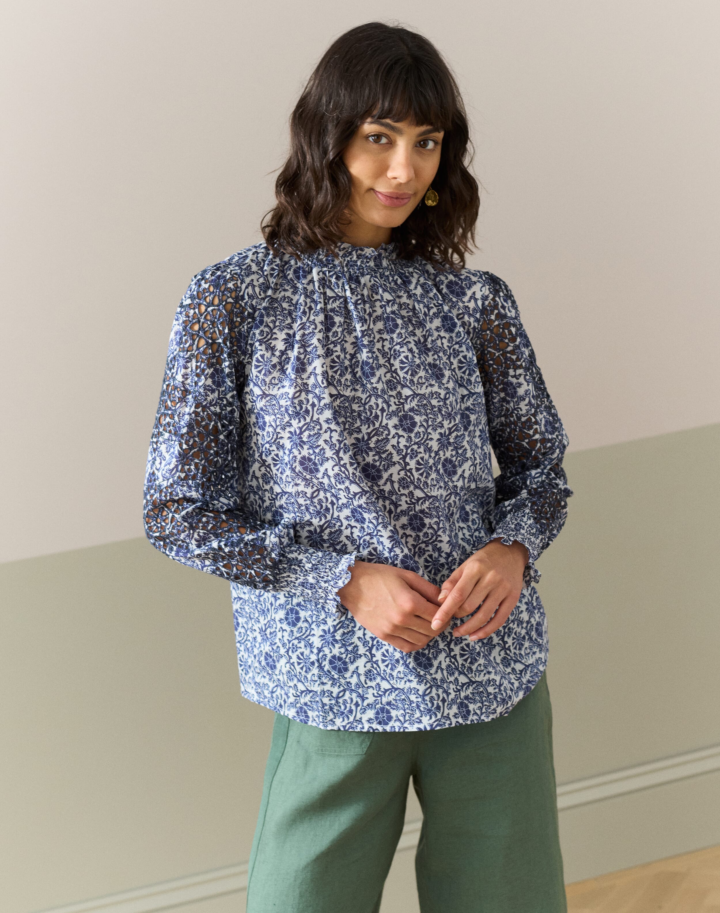 Blue Organic Cotton Voile Broderie Blouse | Women's | Brora