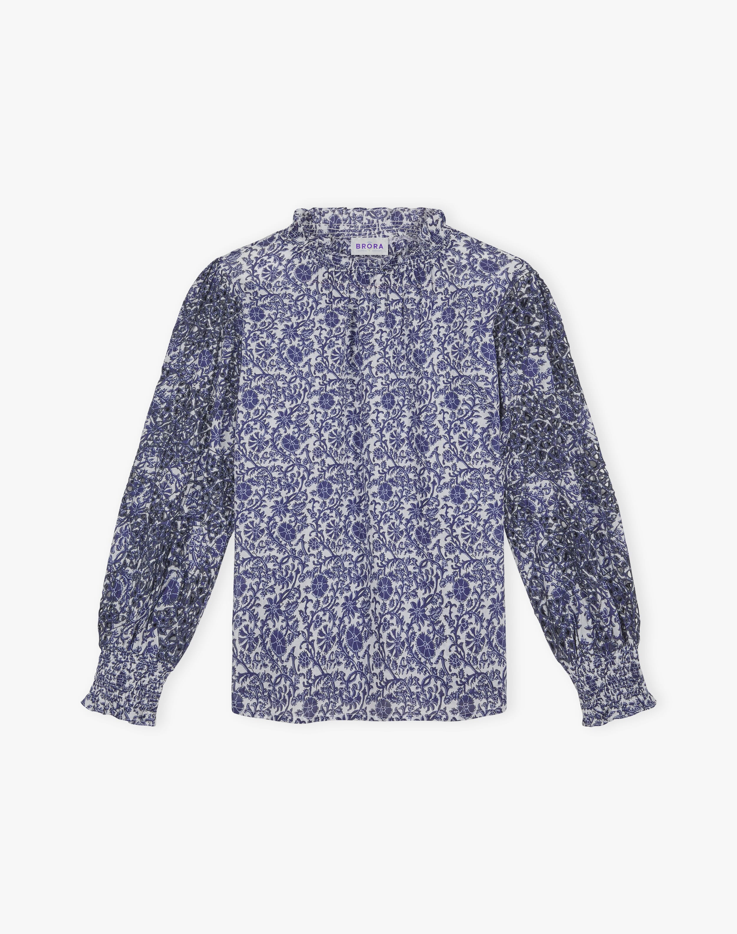 Blue Organic Cotton Voile Broderie Blouse | Women's | Brora