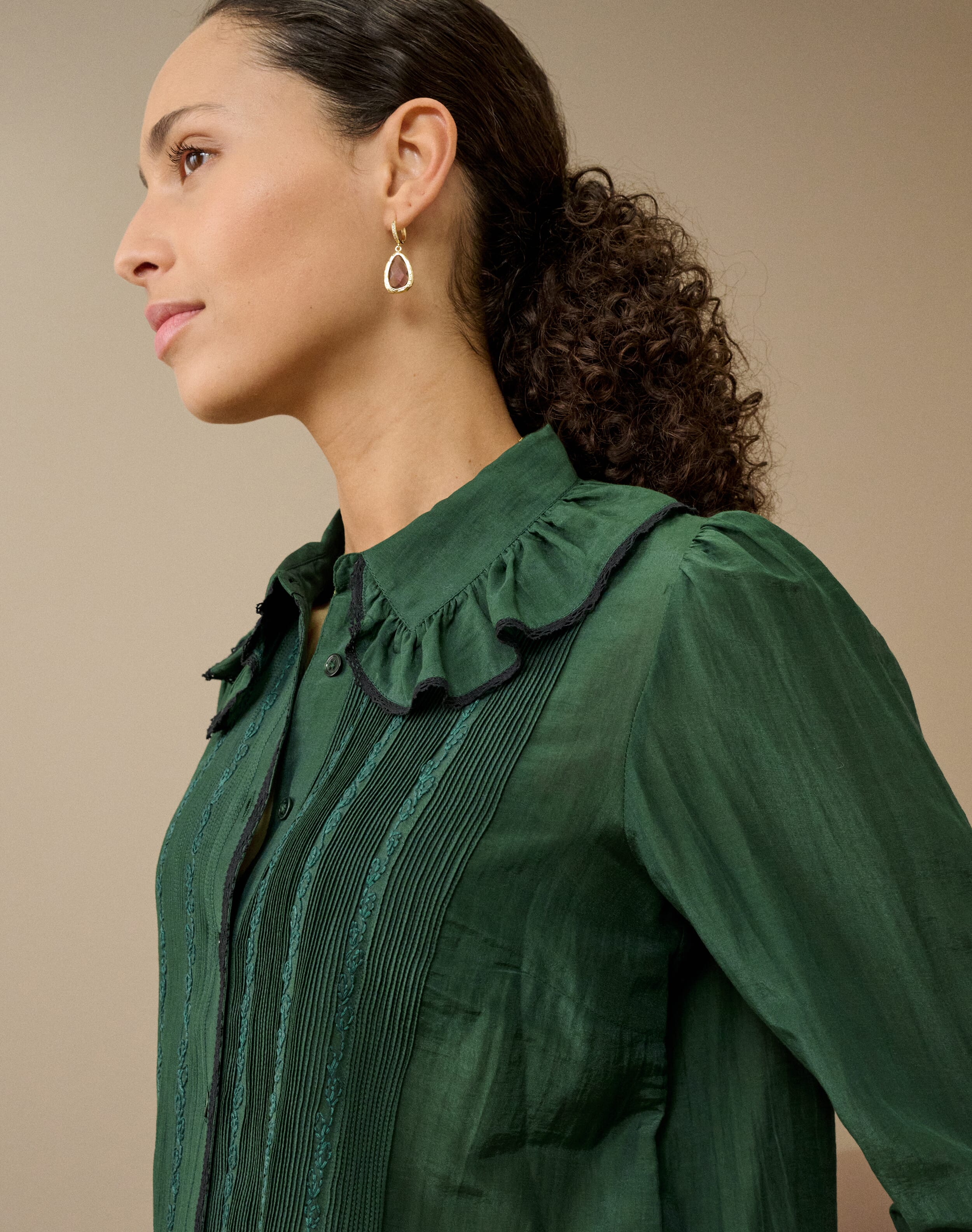 Silk Cotton Frill Collar Shirt in Mallard | Womenswear | Brora