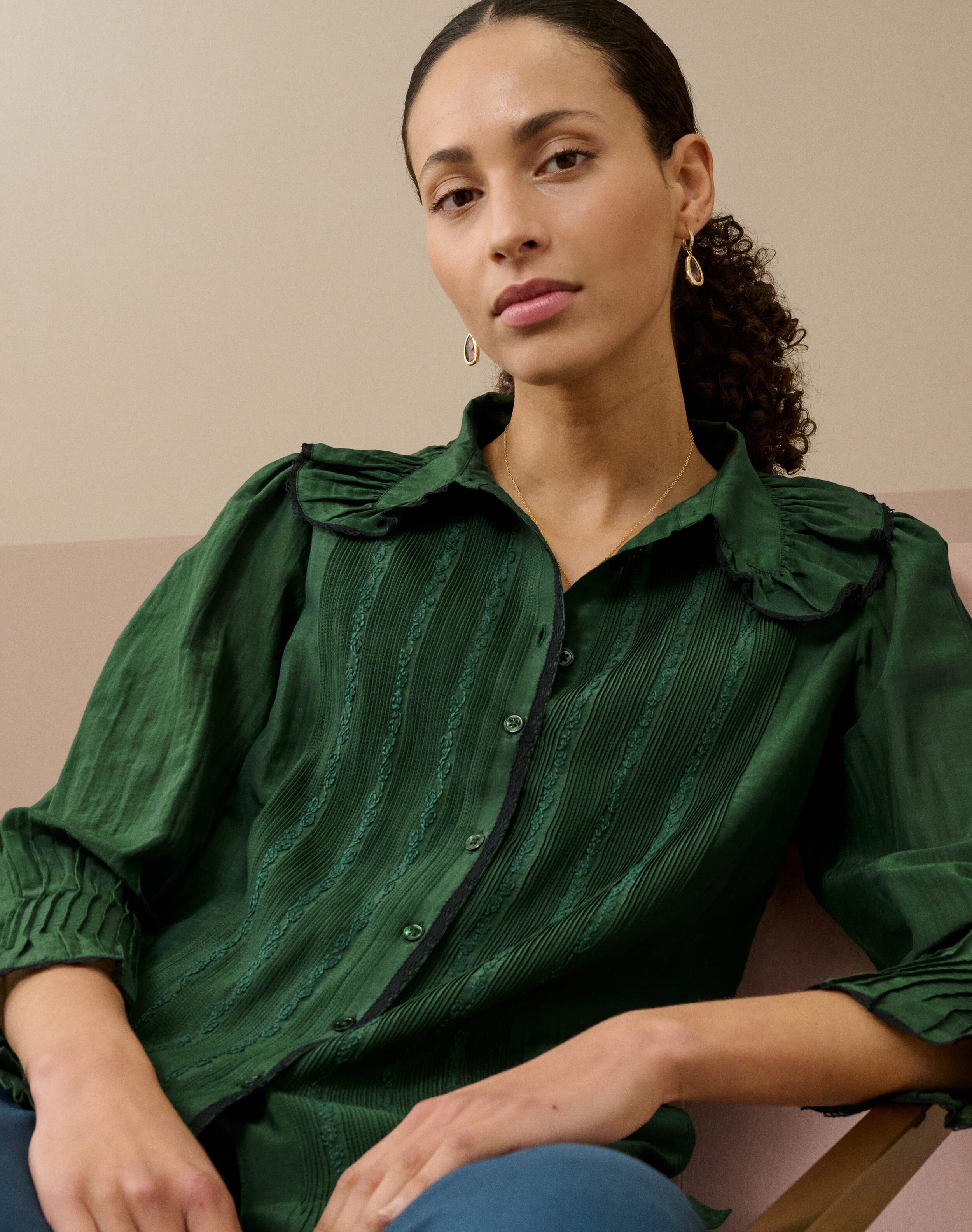 Silk Cotton Frill Collar Shirt in Mallard | Womenswear | Brora