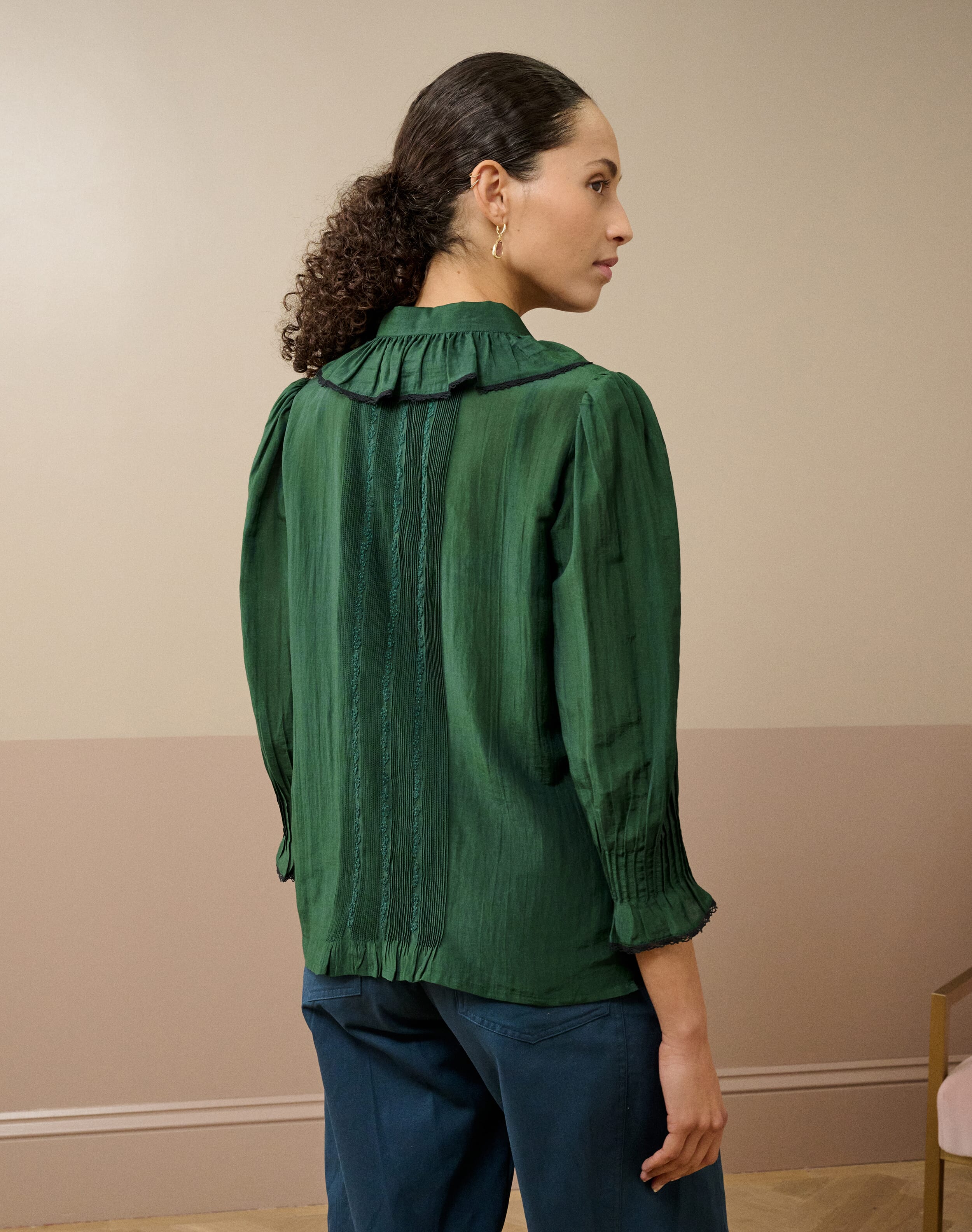 Silk Cotton Frill Collar Shirt in Mallard | Womenswear | Brora