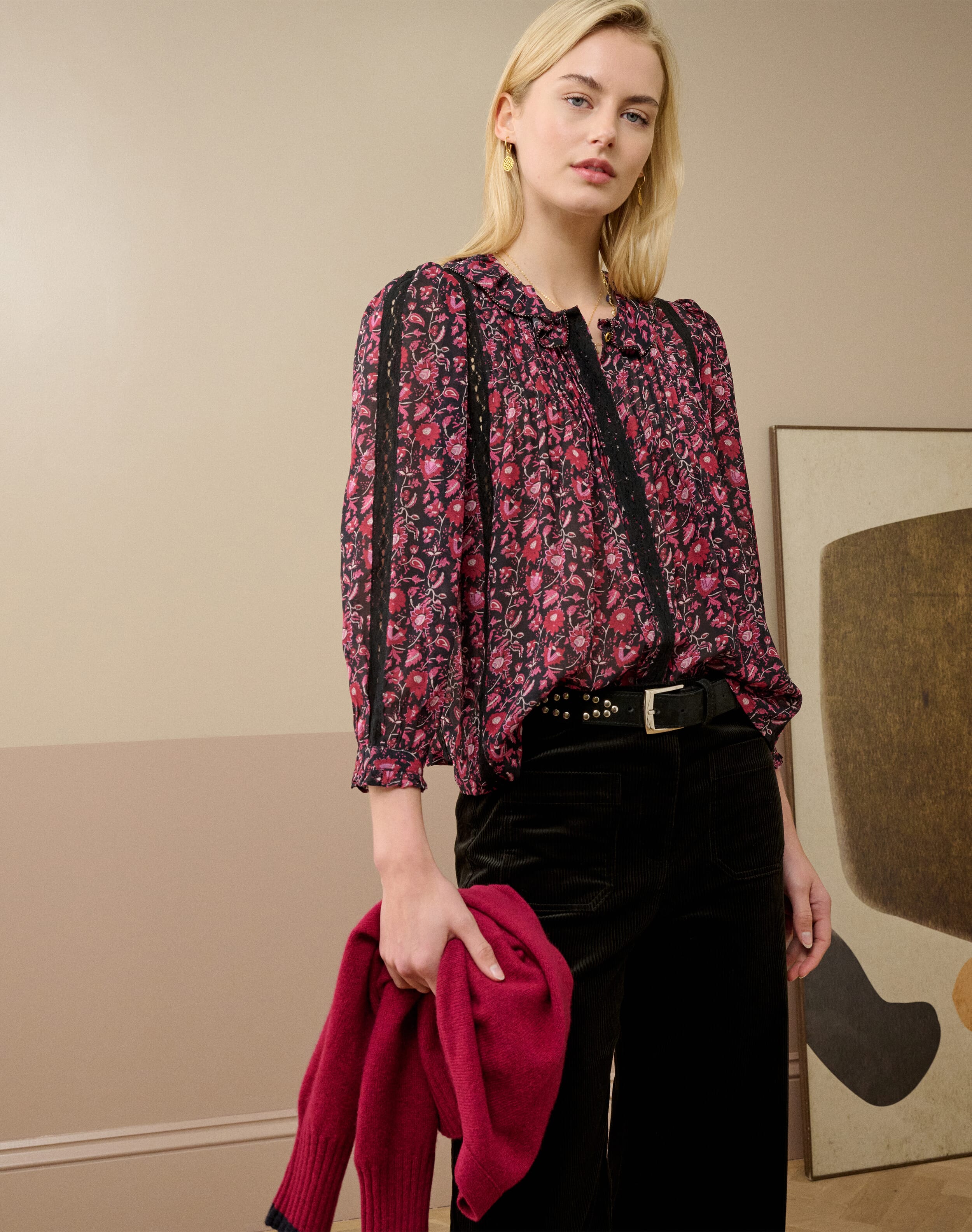 Silk Botanical Print Blouse | Midnight & Raspberry | Clearance