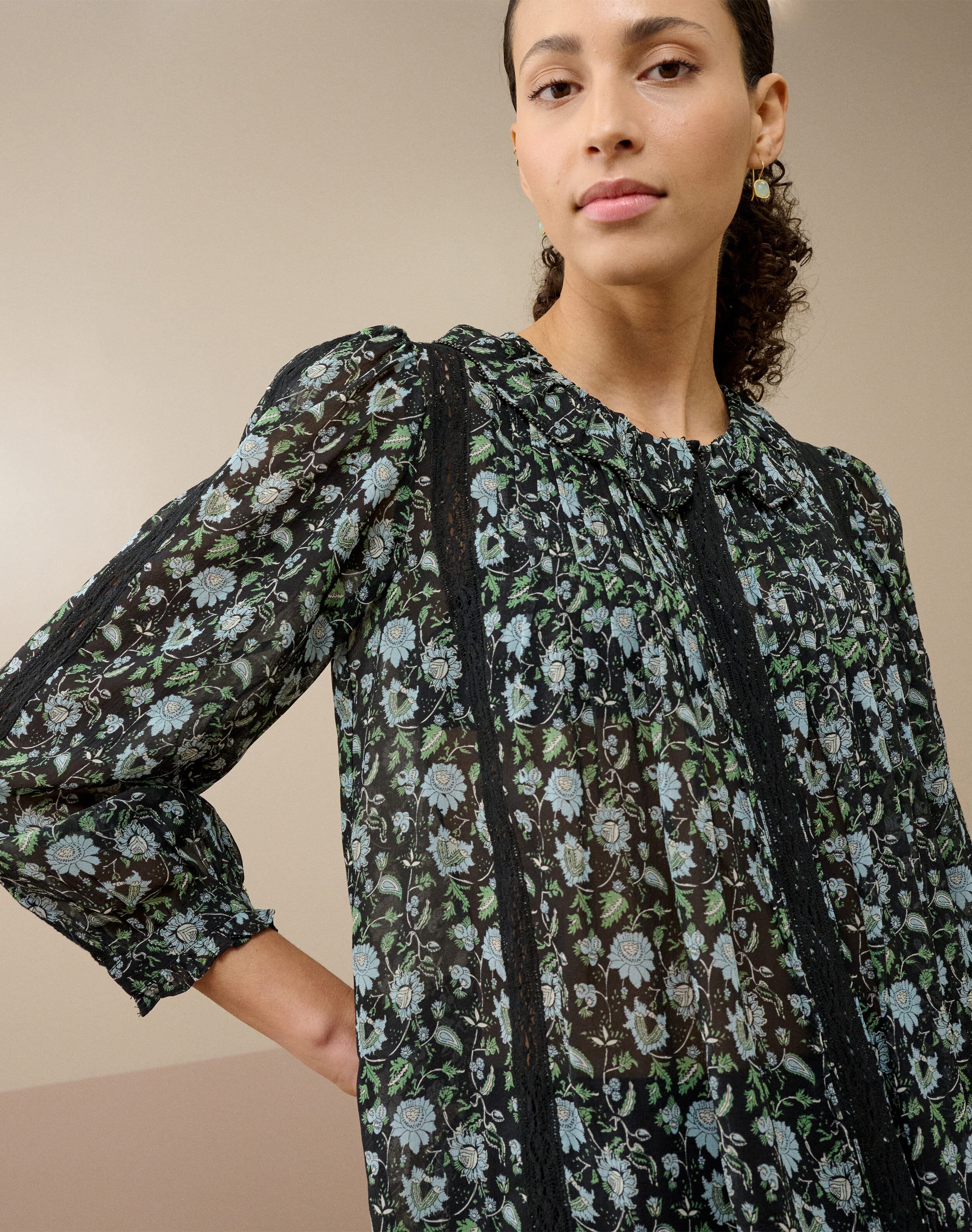 Silk Botanical Print Blouse | Black & Wedgewood | Clearance