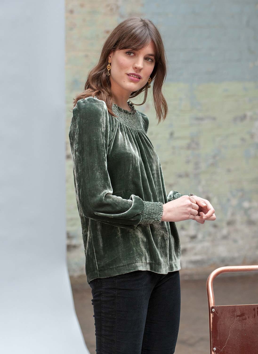 Eucalyptus Silk Velvet Smocked Top | Women's Clothing | Brora