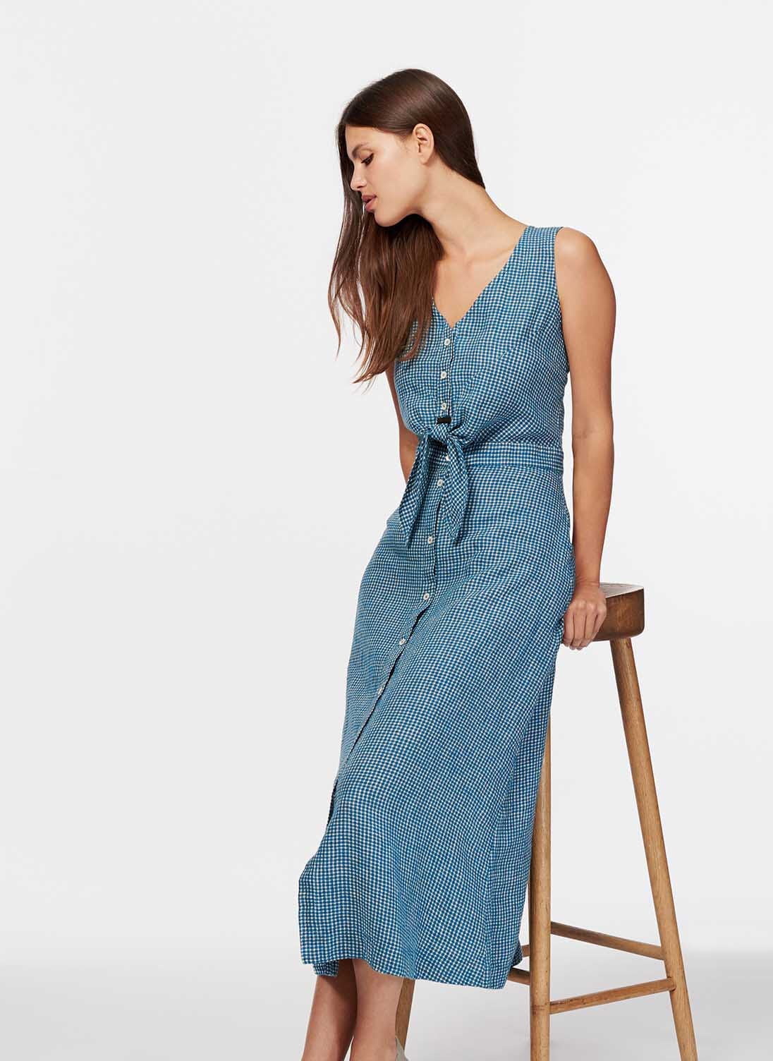 Kingfisher Checked Linen Tie Front Dress | Brora