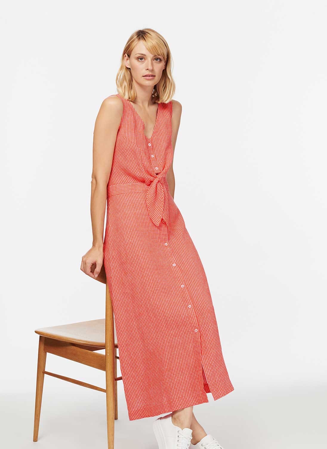 Marigold Checked Linen Tie Front Dress | Brora