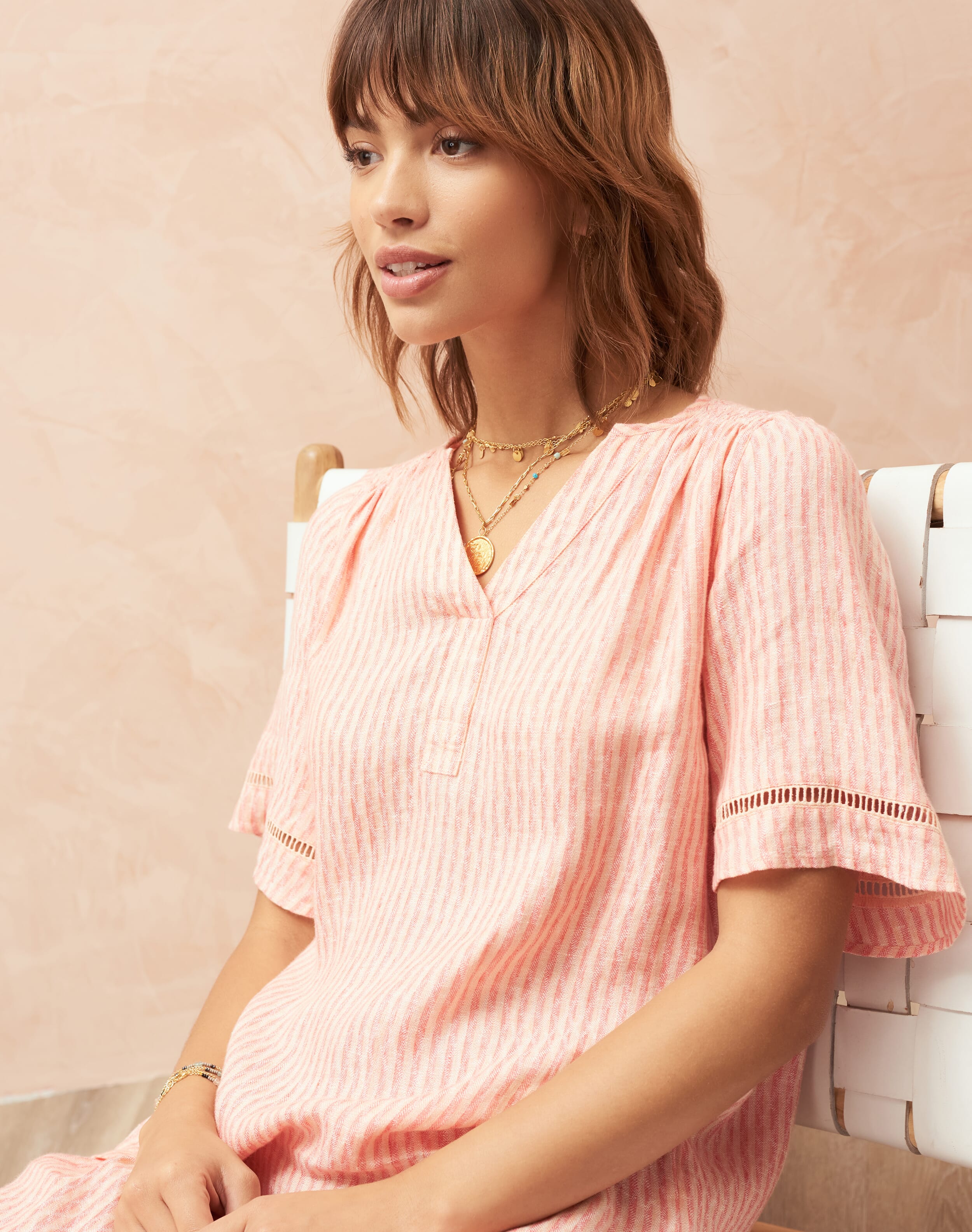 Two Tone Stripe Linen Dress in Clementine | Women | Brora