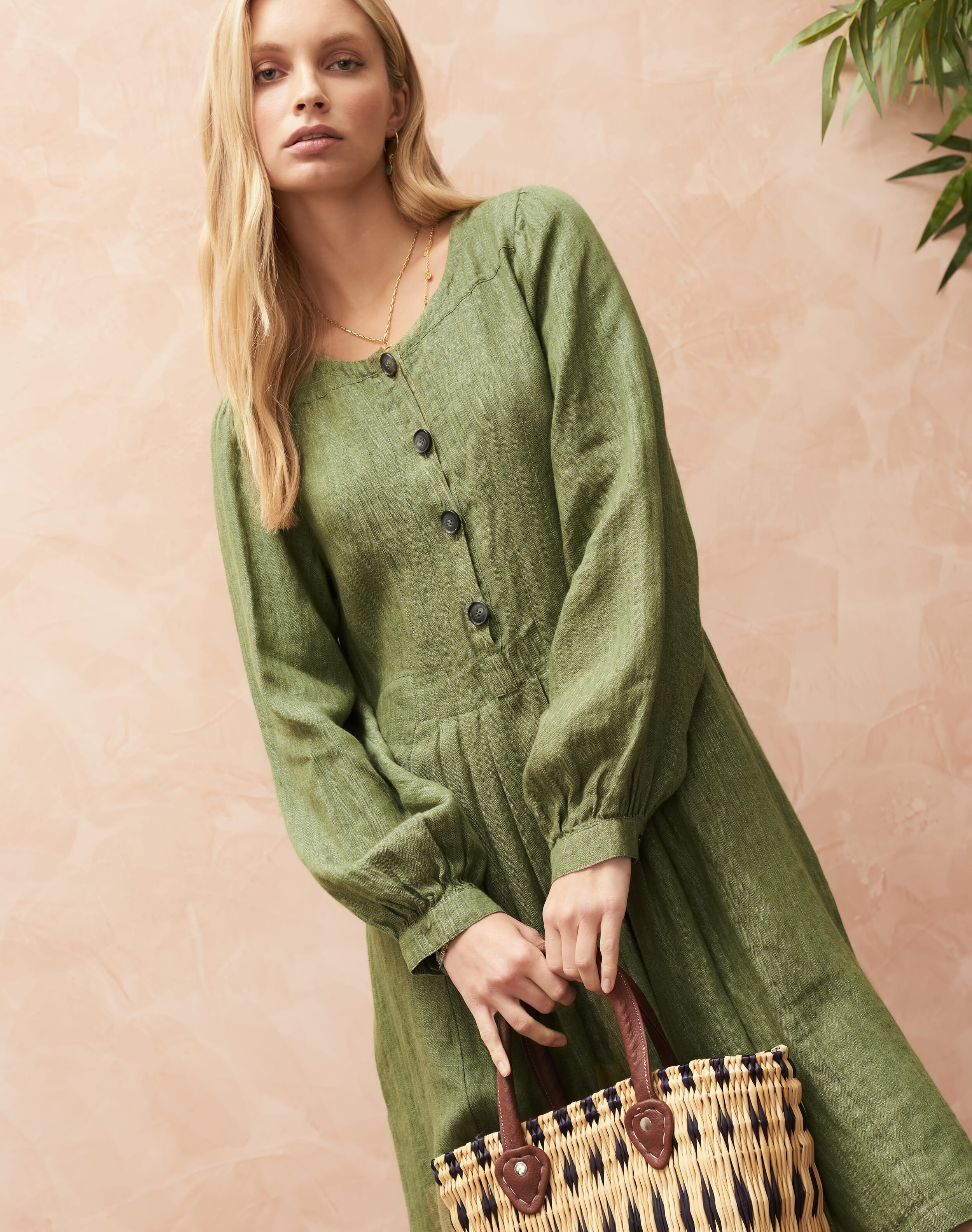 Herringbone Weave Linen Dress in Olive | Womenswear | Brora