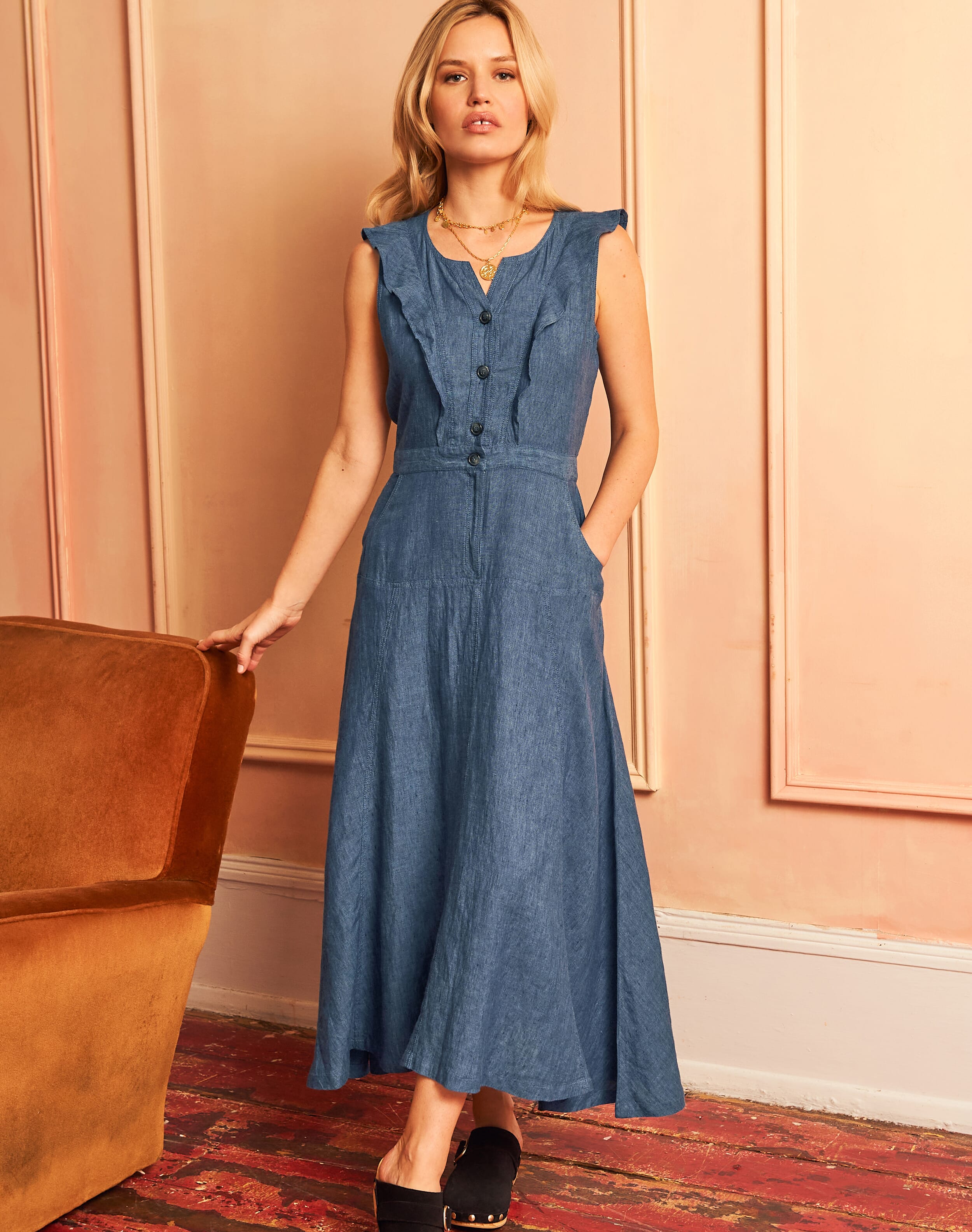 Cross Weave Linen Dress in Indigo | Dresses | Brora