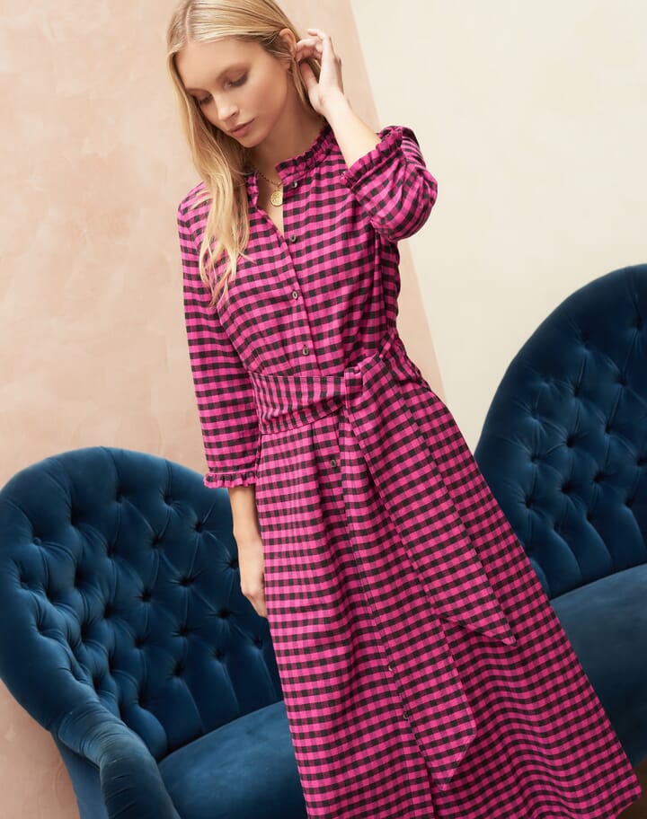 Gingham Check Shirt Dress in Fuchsia & Carbon | Brora