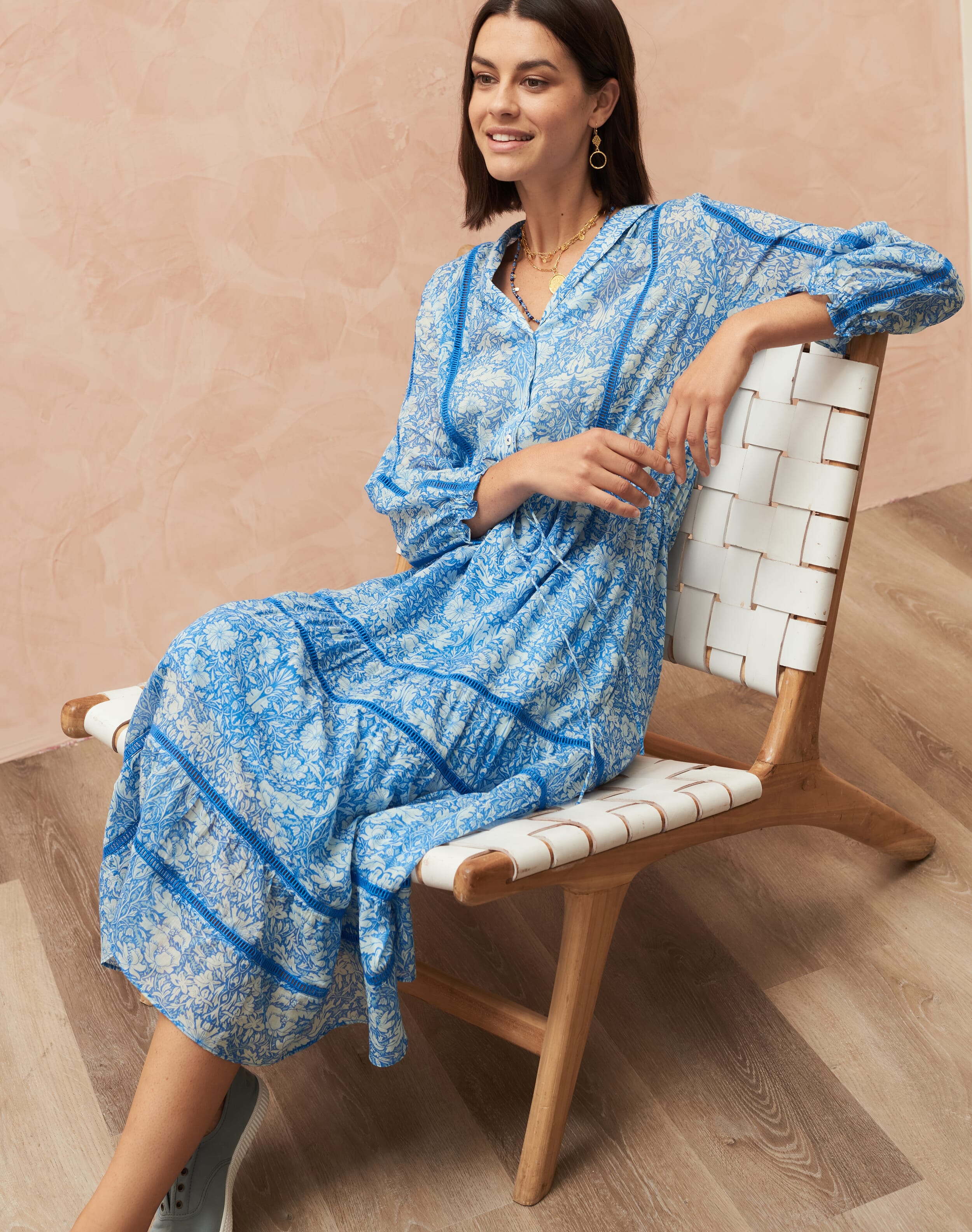 Organic Cotton Voile Botanical Dress in Azure | Women | Brora