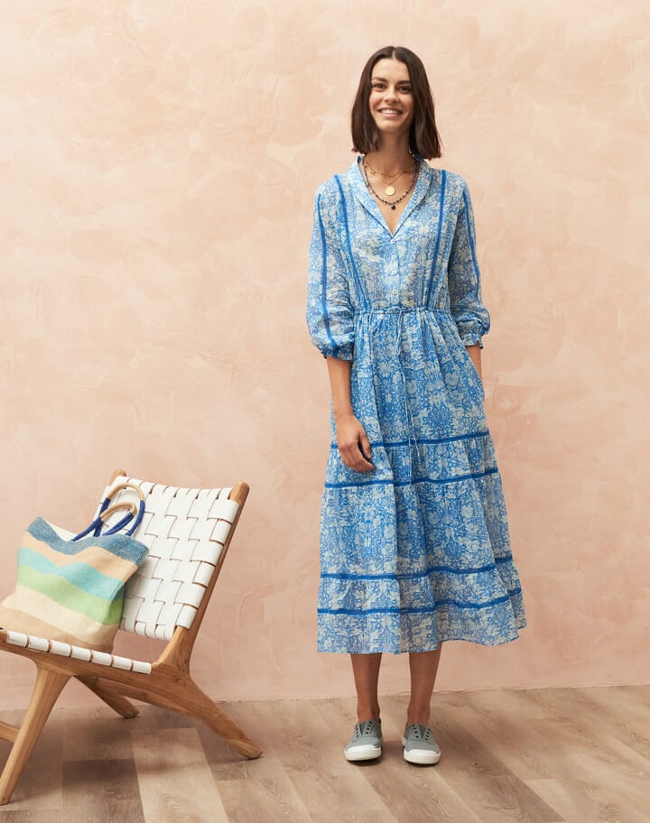Organic Cotton Voile Botanical Dress in Azure | Women | Brora
