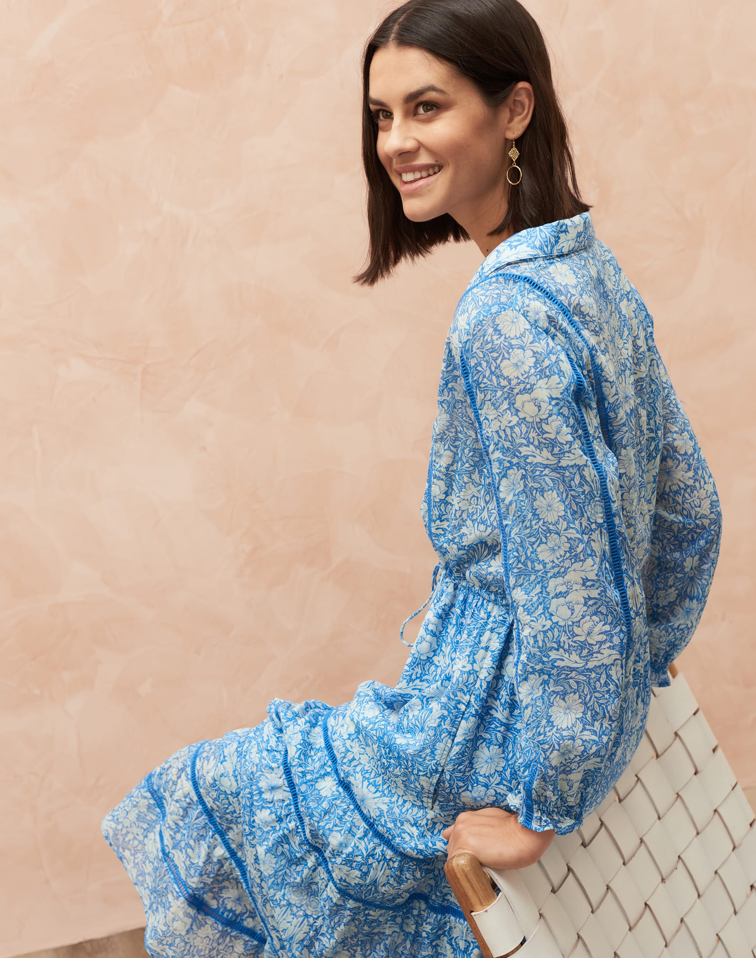 Organic Cotton Voile Botanical Dress in Azure | Women | Brora