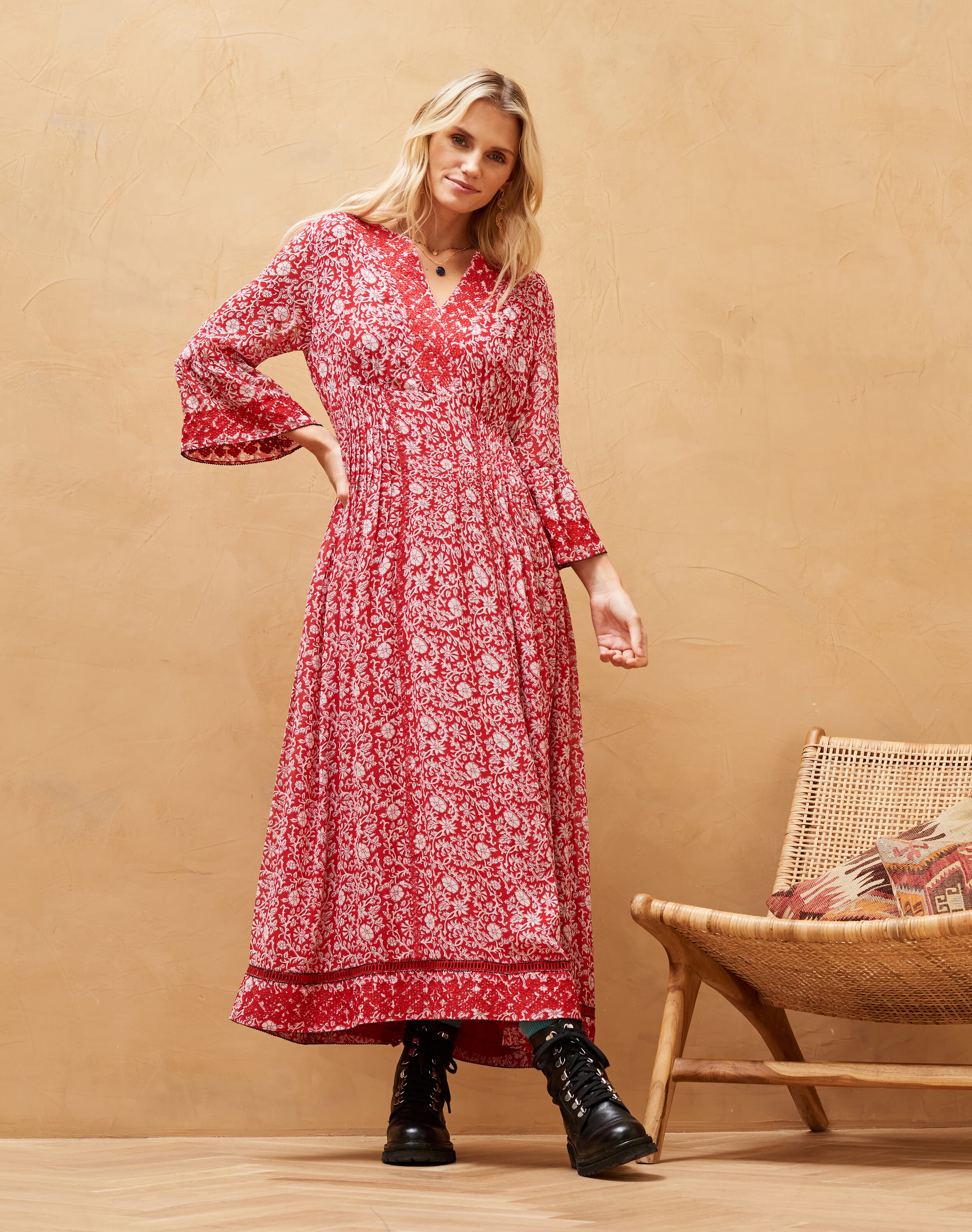 Red Silk Embroidered Pintuck Dress | Women's Dresses | Brora Fashion