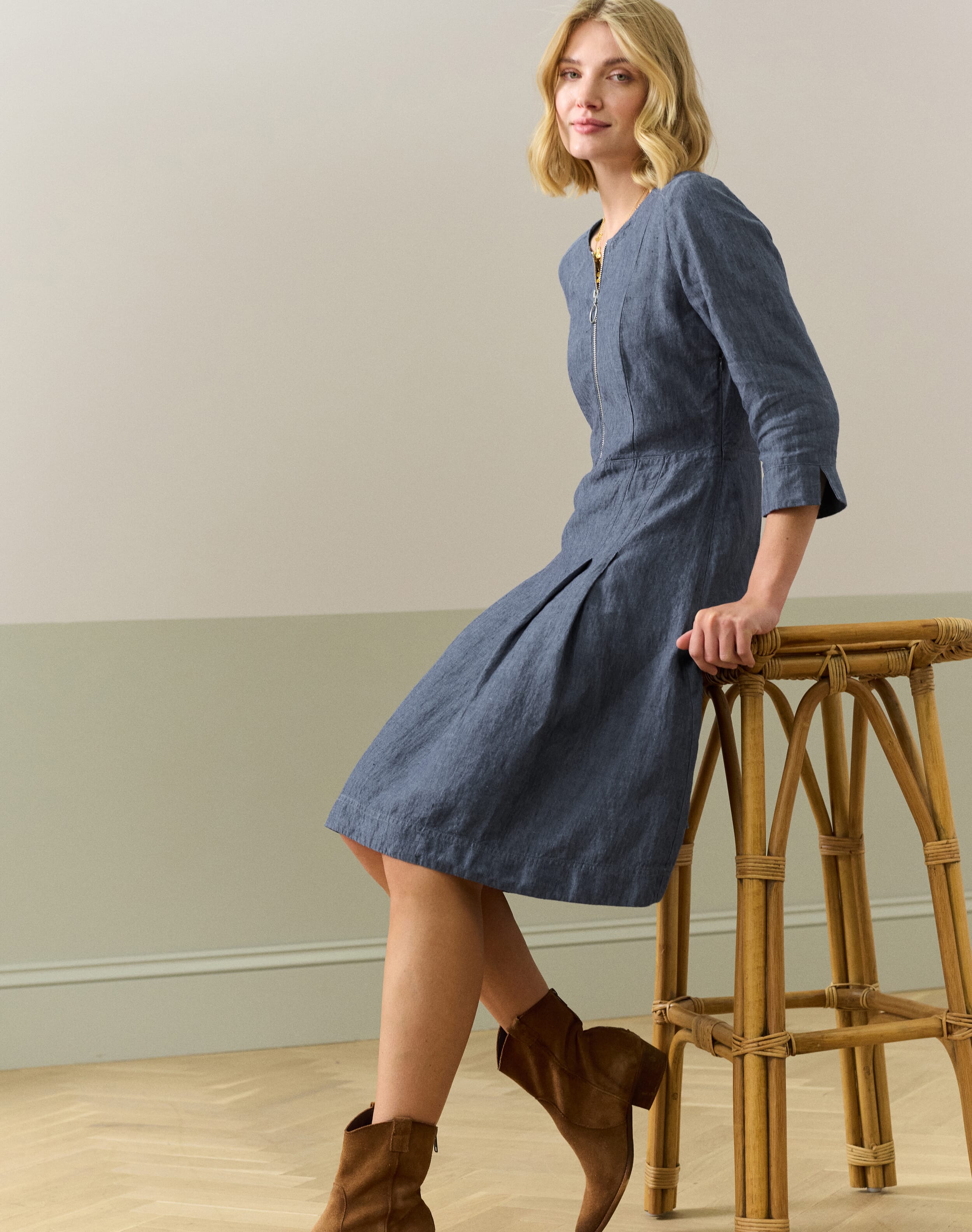 Cross Weave Linen Zip Dress in Indigo | Womenswear | Brora
