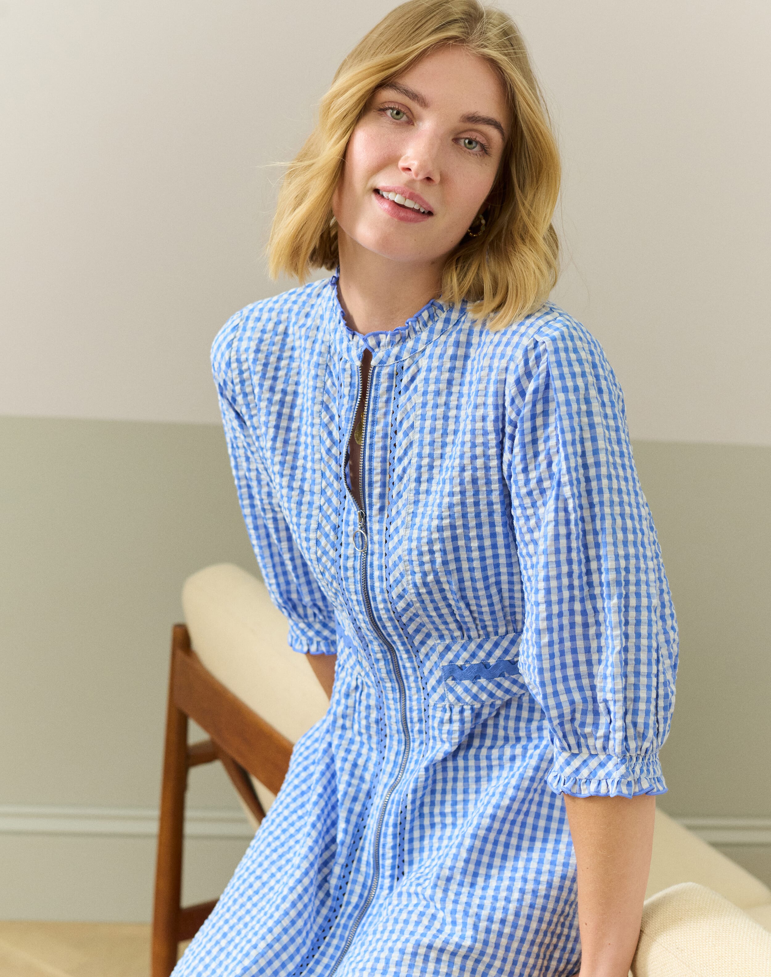 Cotton Gingham Ric Rac Dress in Hareball | Women's | Brora