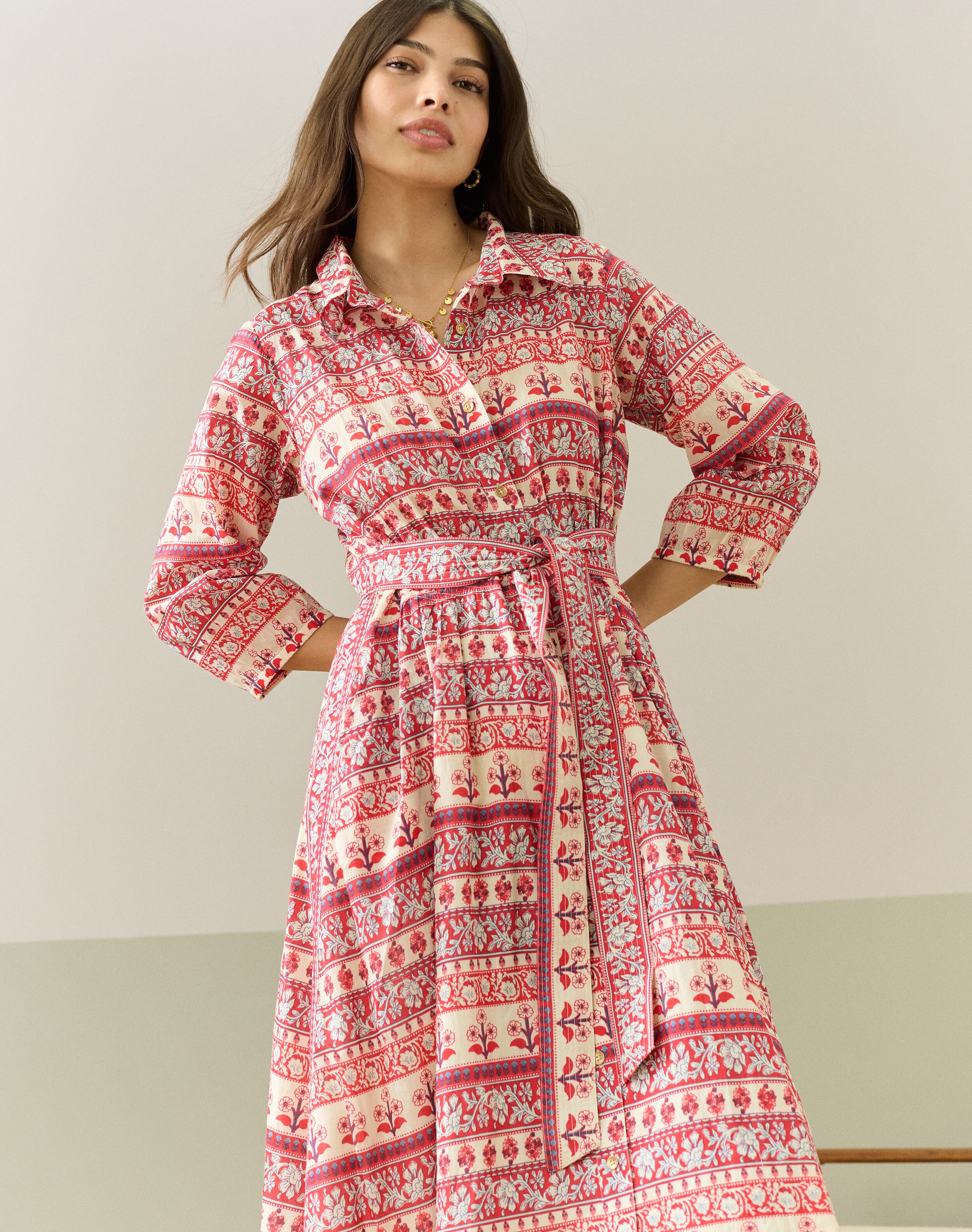 Cherry Organic Cotton Folk Stripe Shirt Dress| Women's | Brora