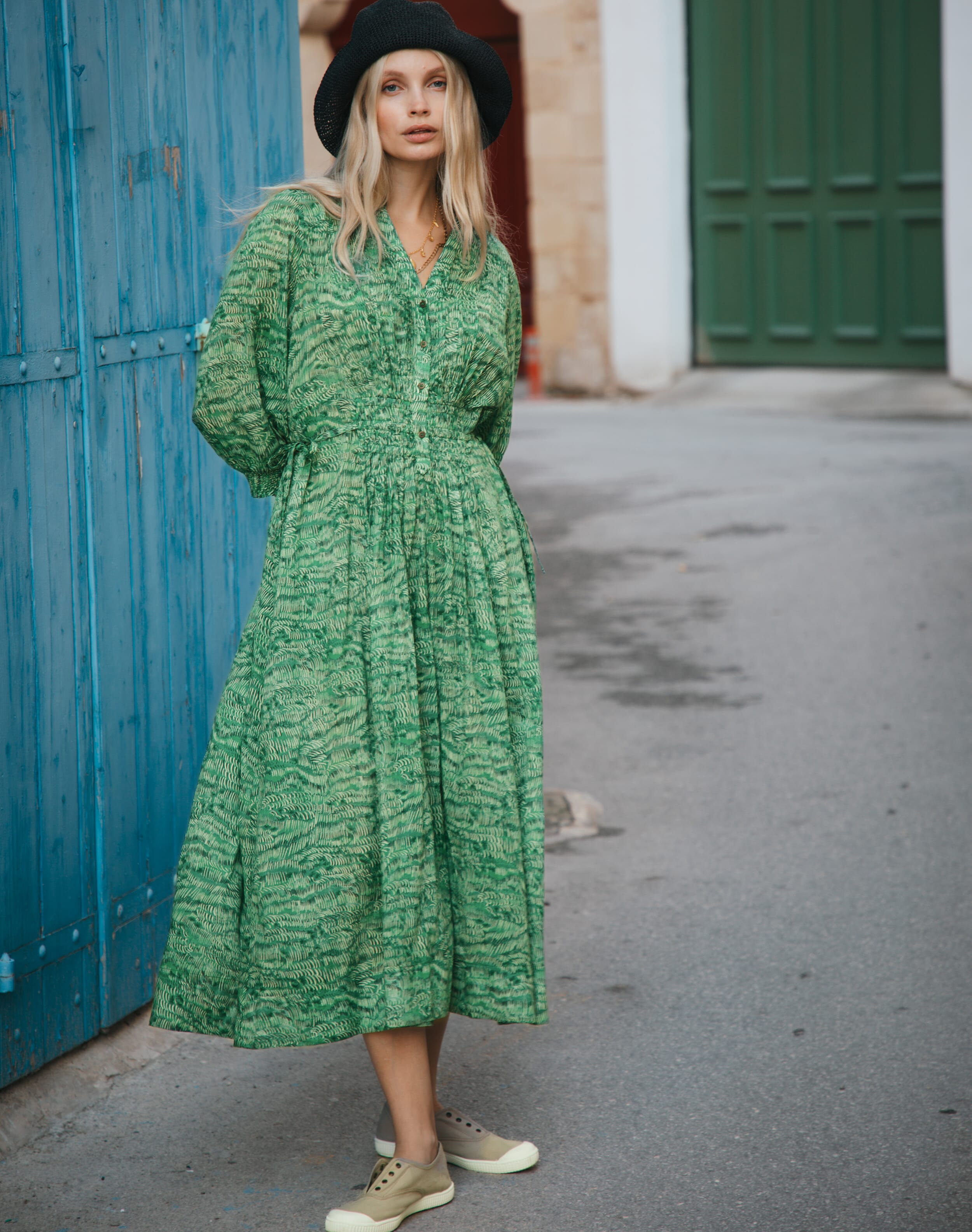 Organic Cotton Painterly Print Dress in Jade | Brora Womenswear