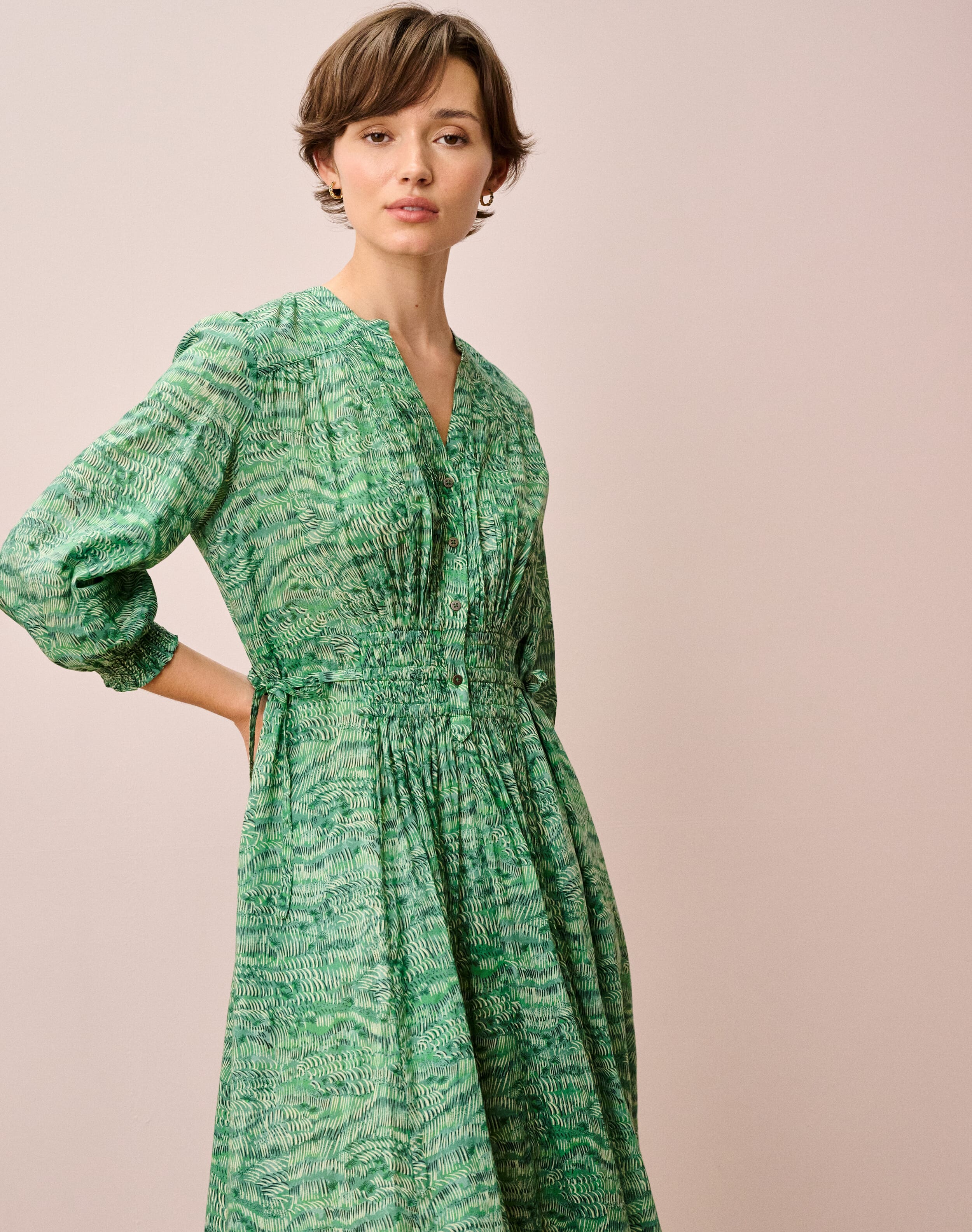Organic Cotton Painterly Print Dress in Jade | Brora Womenswear