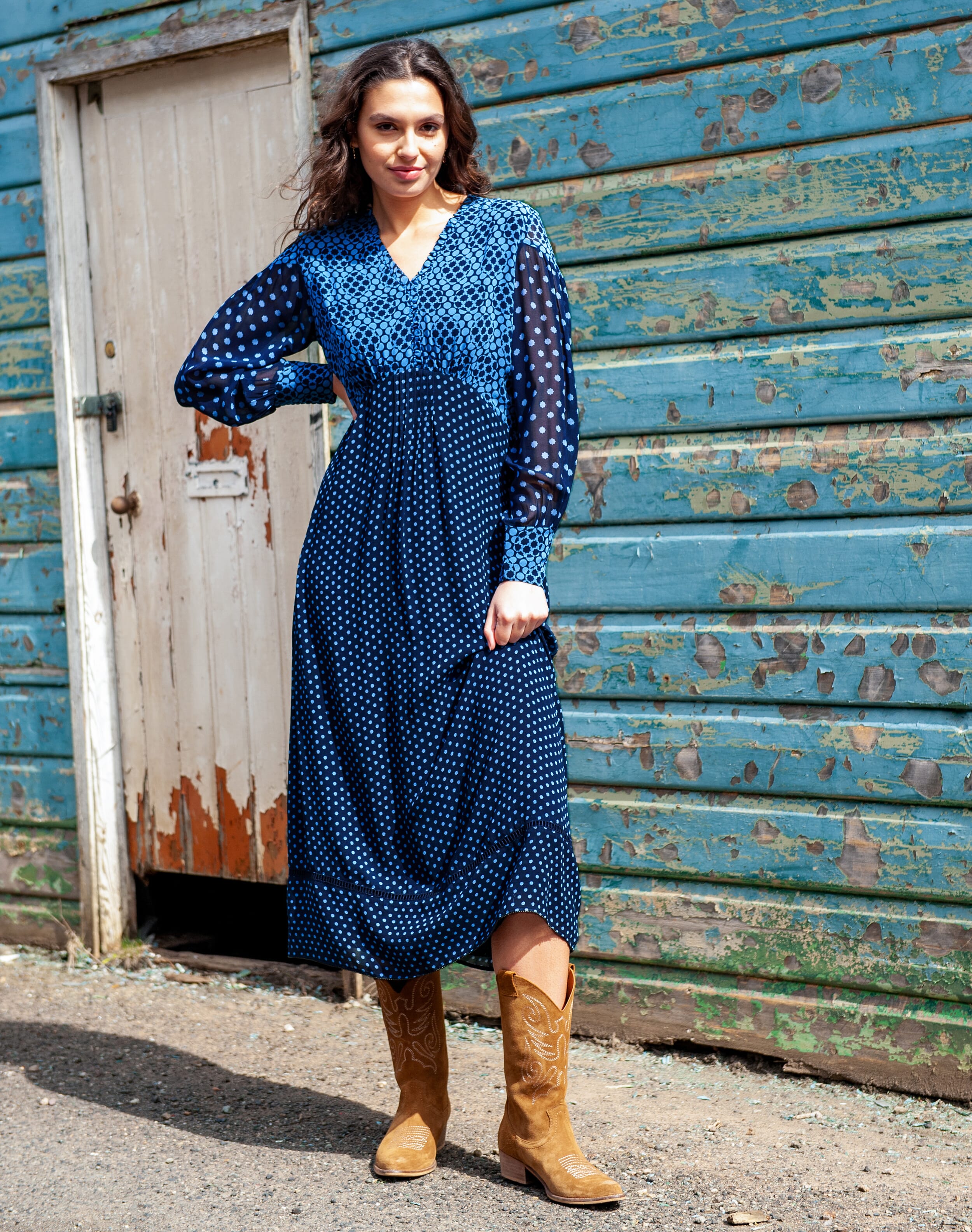 Women's Silk Patchwork Print Dress in Navy & Lapis | Brora