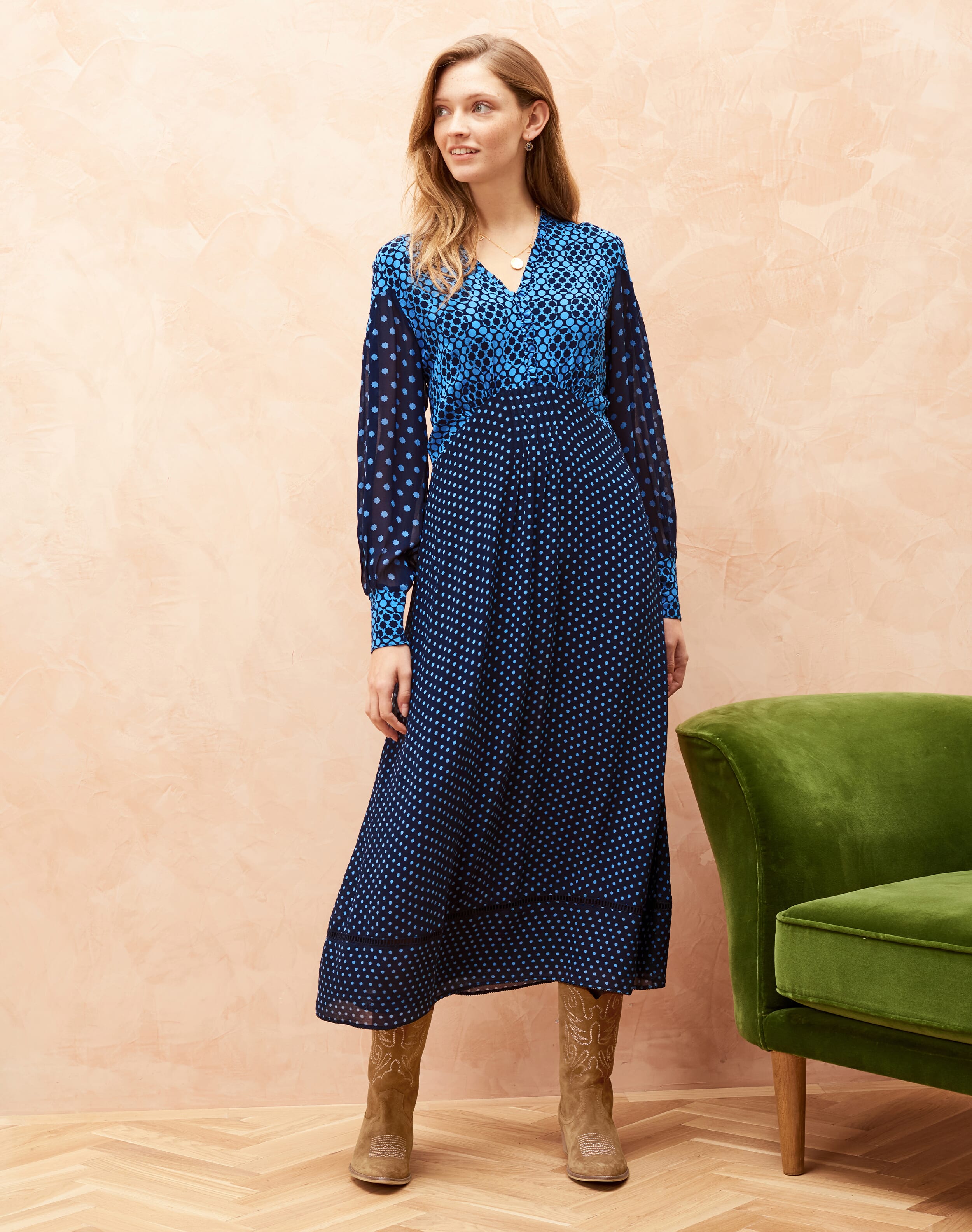 Women's Silk Patchwork Print Dress in Navy & Lapis | Brora