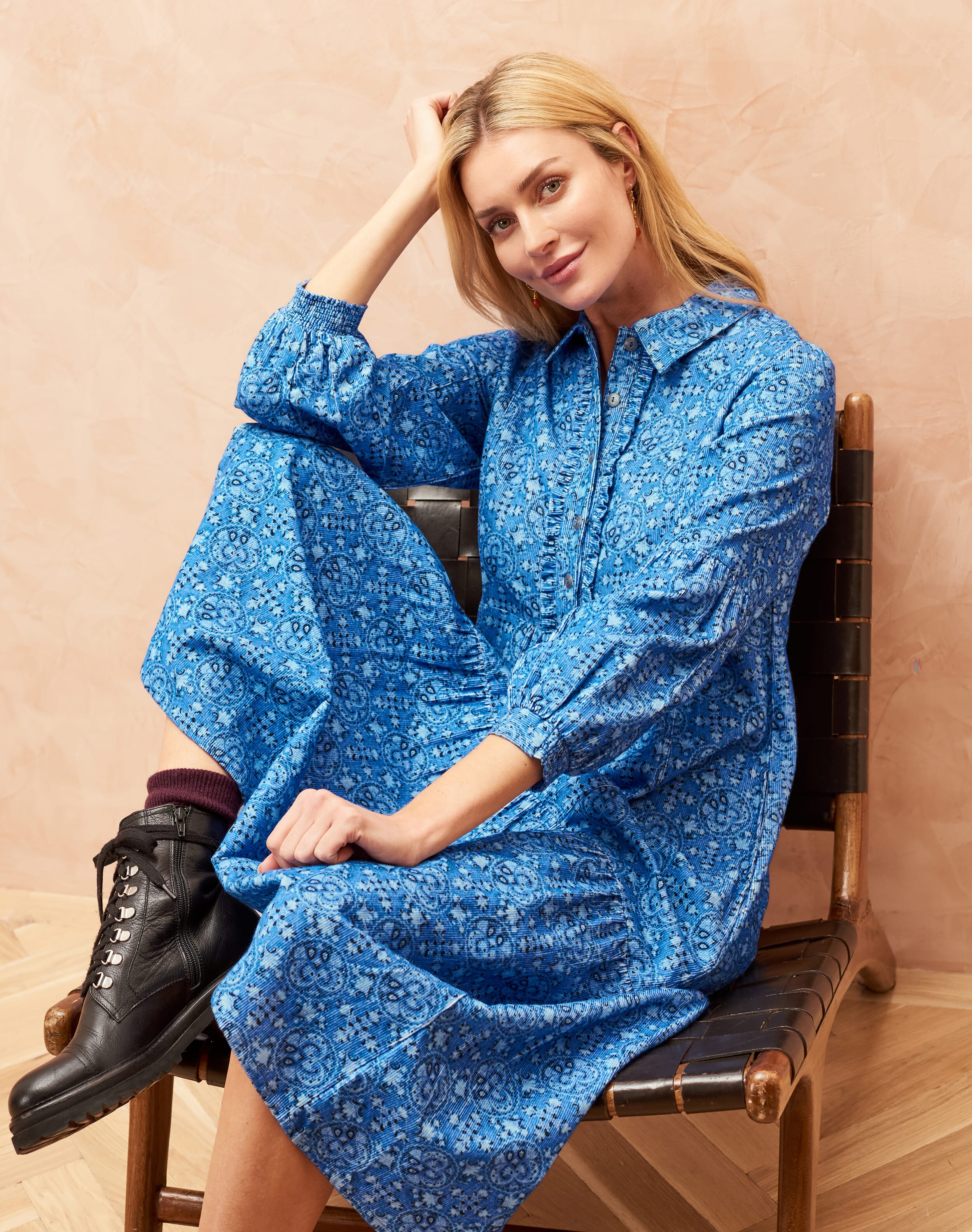 Needlecord Circle Motif Dress in Cornflower | Dresses | Brora