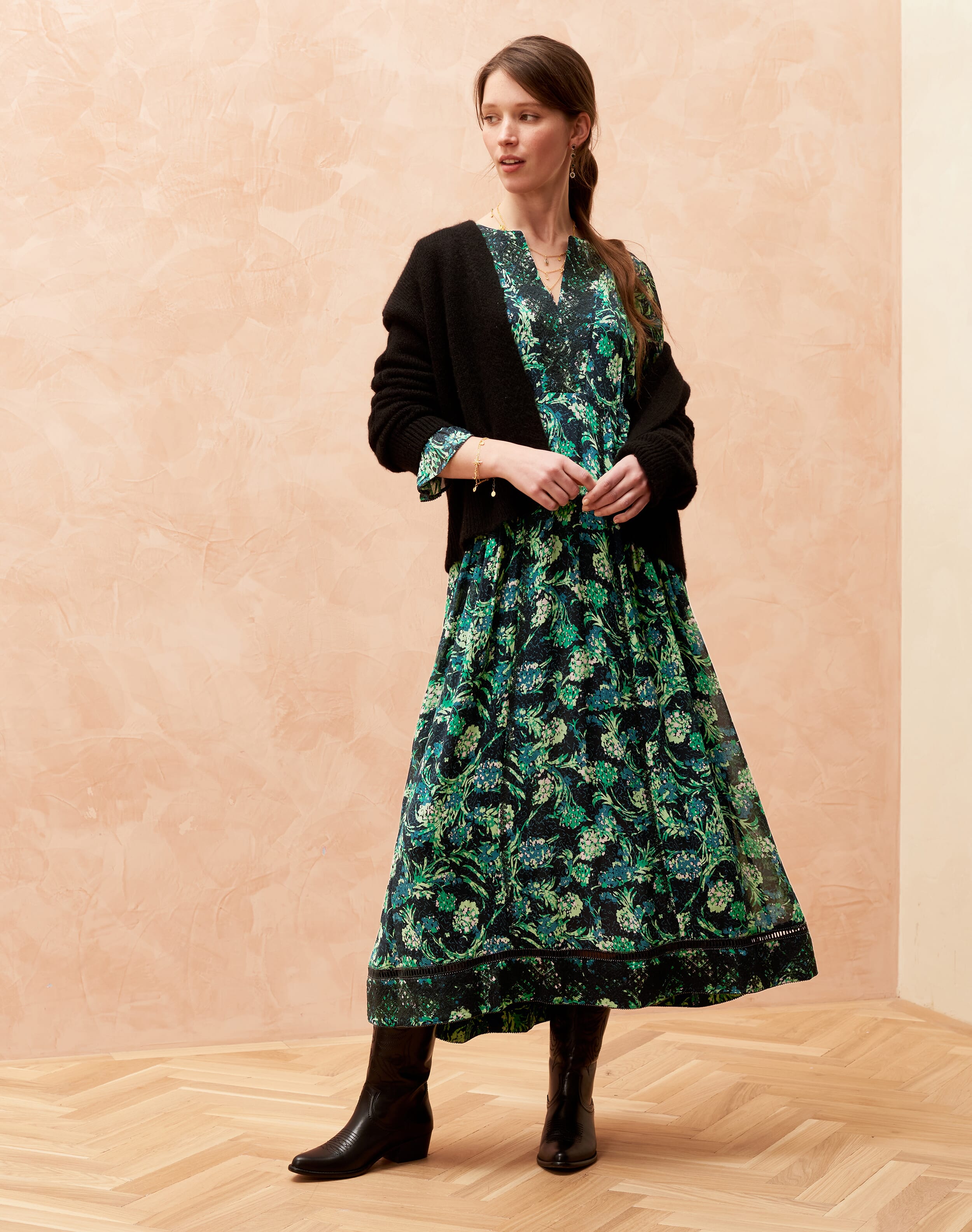Silk Floral Firework Print Dress in Black & Emerald | Dresses | Brora
