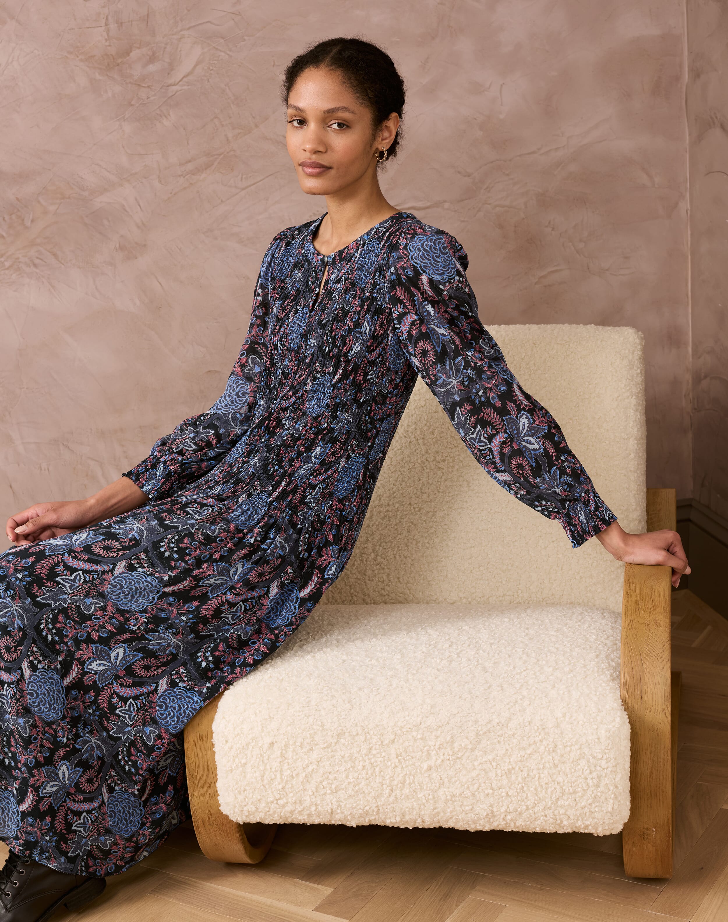 Botanical Shirred Dress in Henna | Women's Dresses | Brora Sale