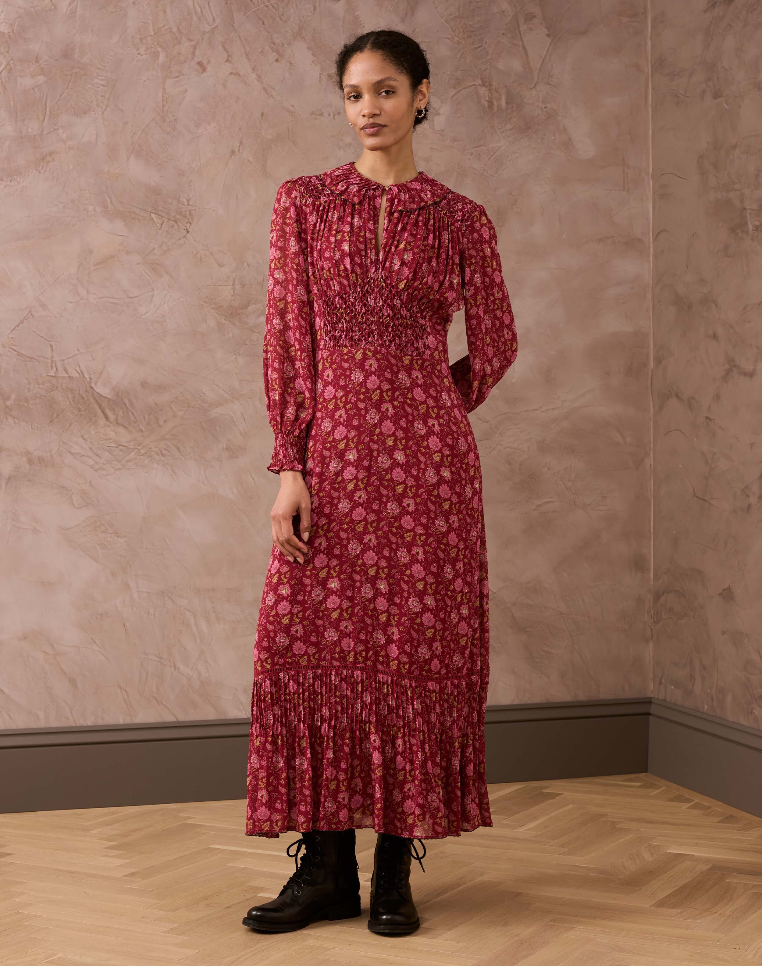 Red Silk Floral Block Print Dress | Women's Dresses | Brora